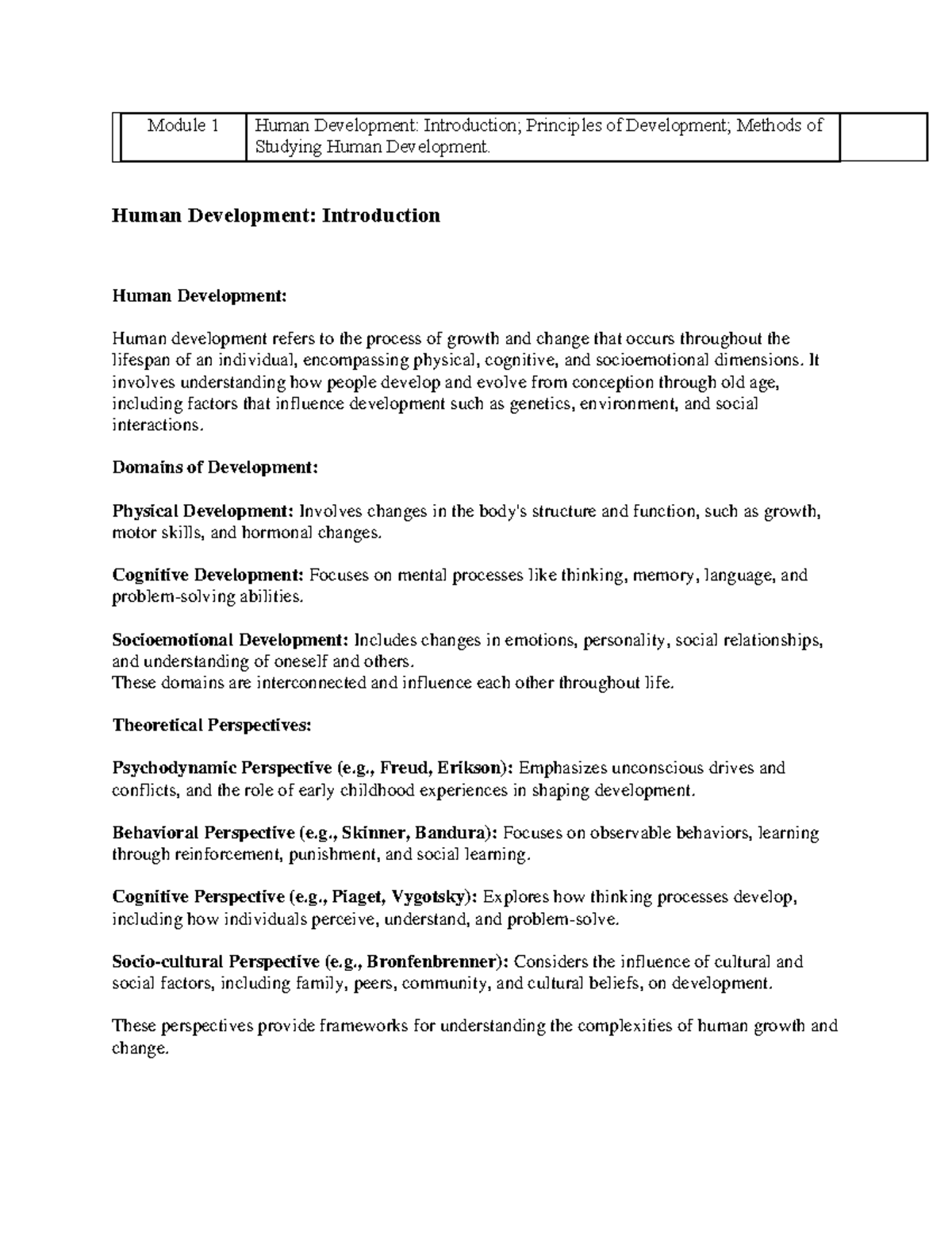 Module 1 Human Development - Module 1 Human Development: Introduction; Principles of Development ...