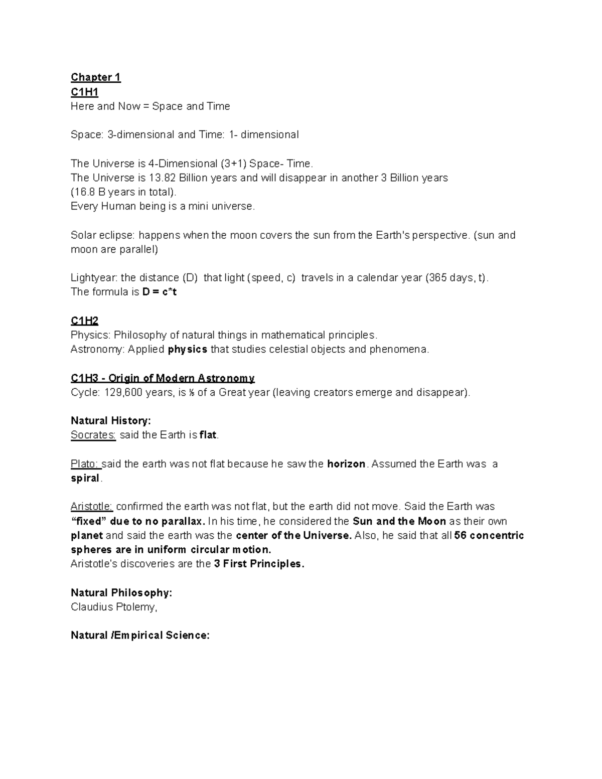 Astronomy - Notes - Chapter 1 C1H Here and Now = Space and Time Space ...