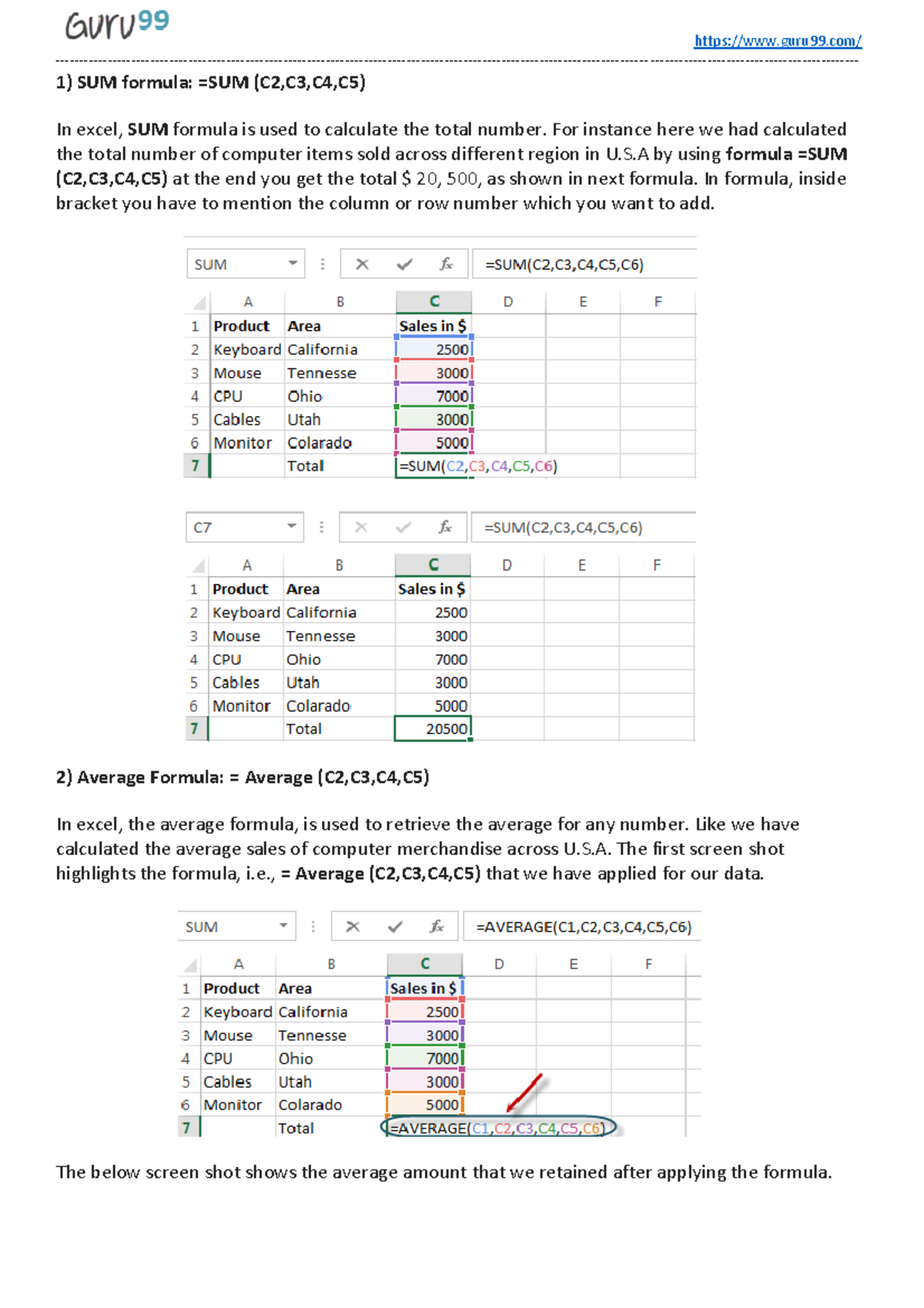 Excel formulas interview questions - 1) SUM formula: =SUM (C2,C3,C4,C5 ...