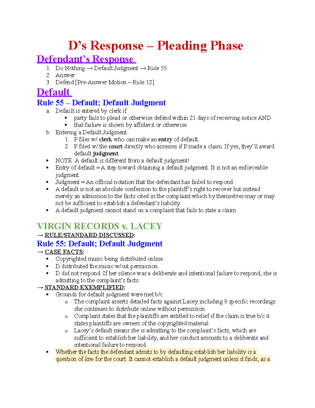 D - Defendant's response in civ pro - D’s Response – Pleading Phase ...