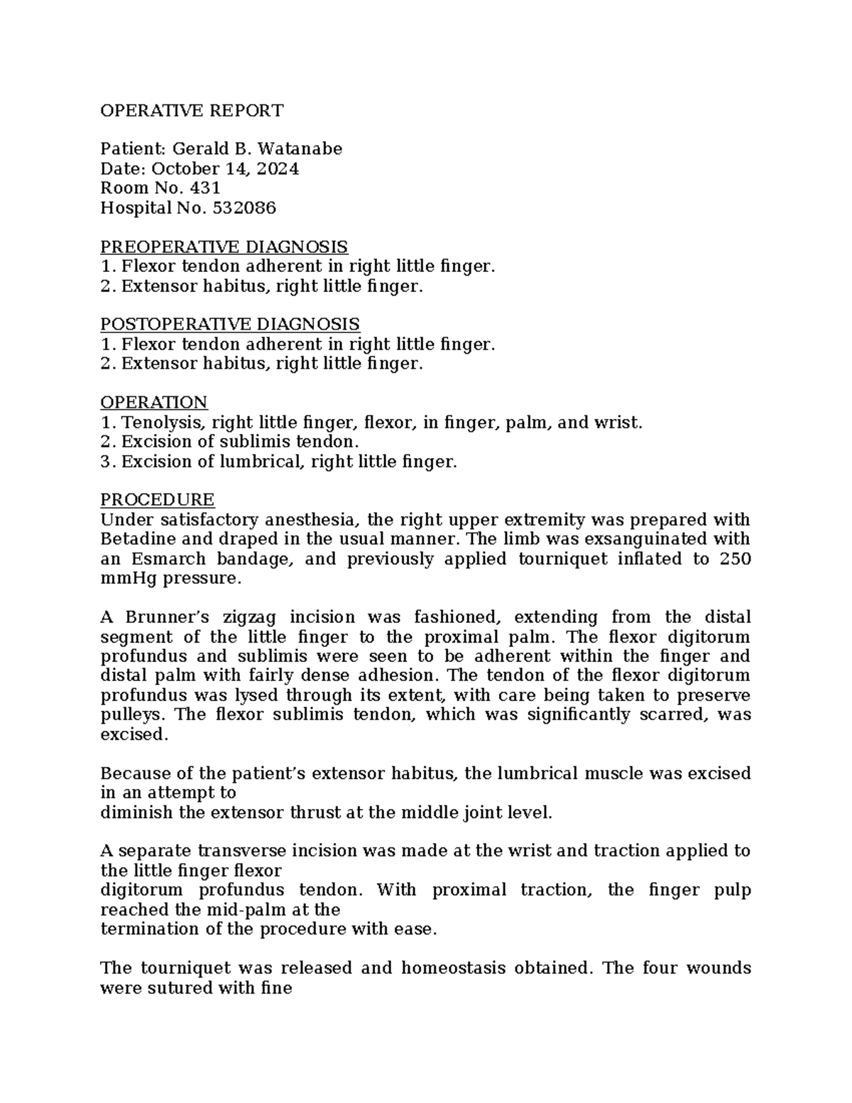 Self Test 2.3 Operative Report - OPERATIVE REPORT Patient: Gerald B ...