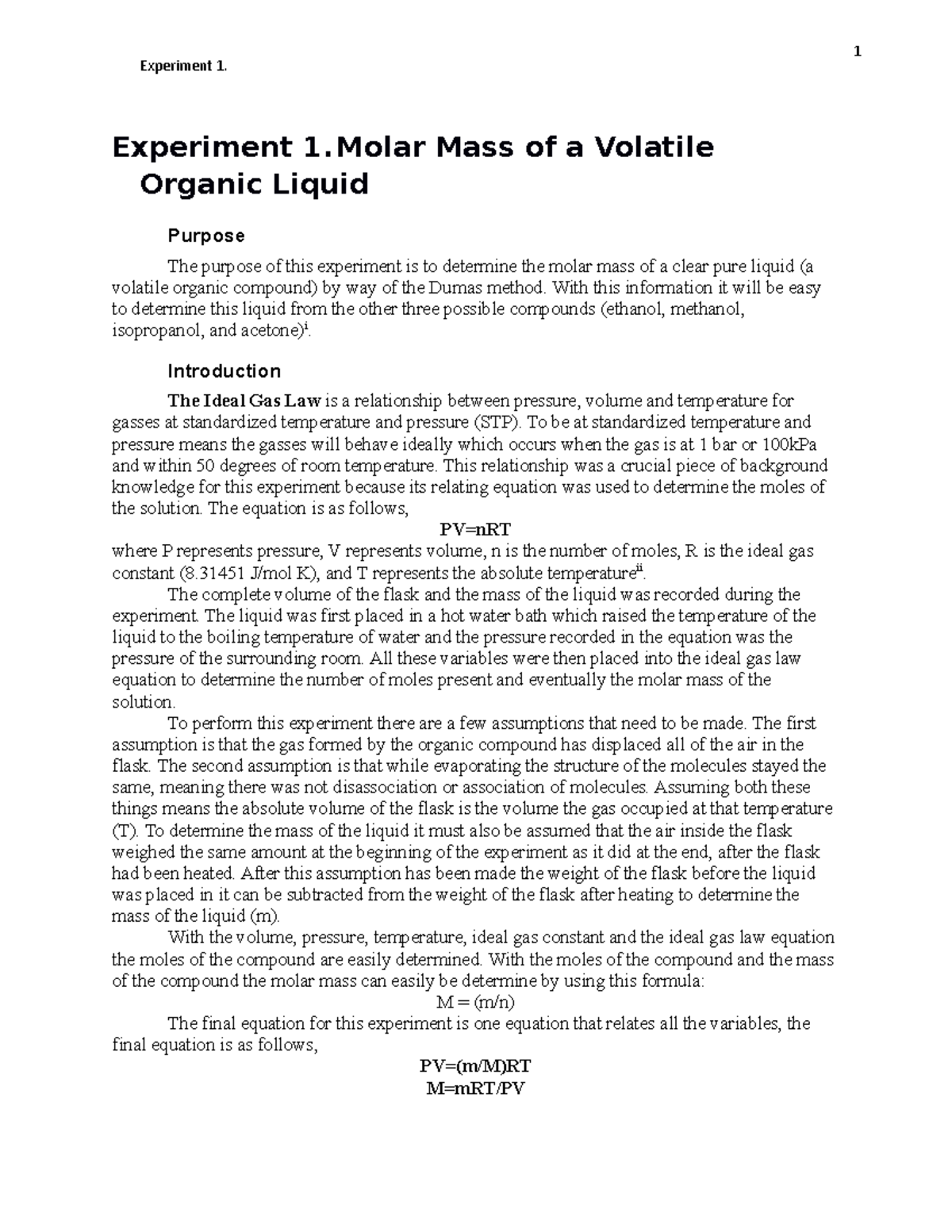 Lab #1 - Experiment 1. Experiment 1. Molar Mass of a Volatile Organic ...
