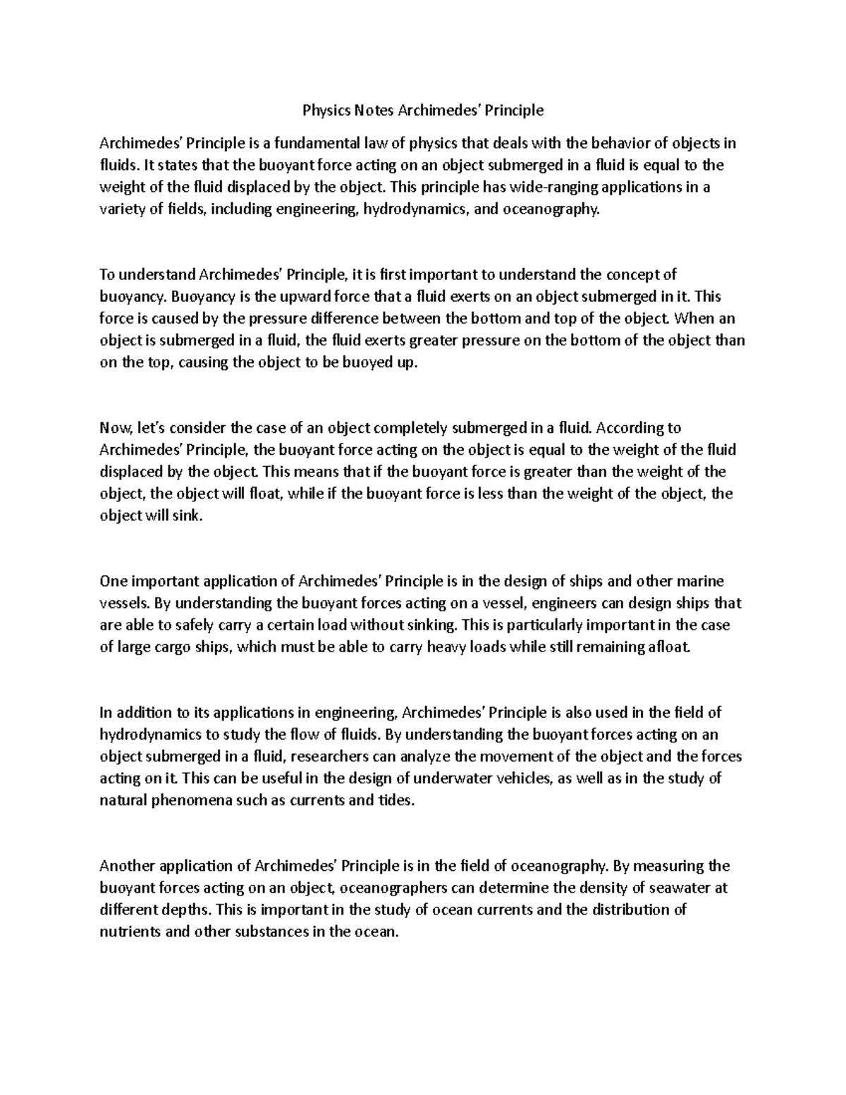 Physics Notes Archimedes - It states that the buoyant force acting on ...