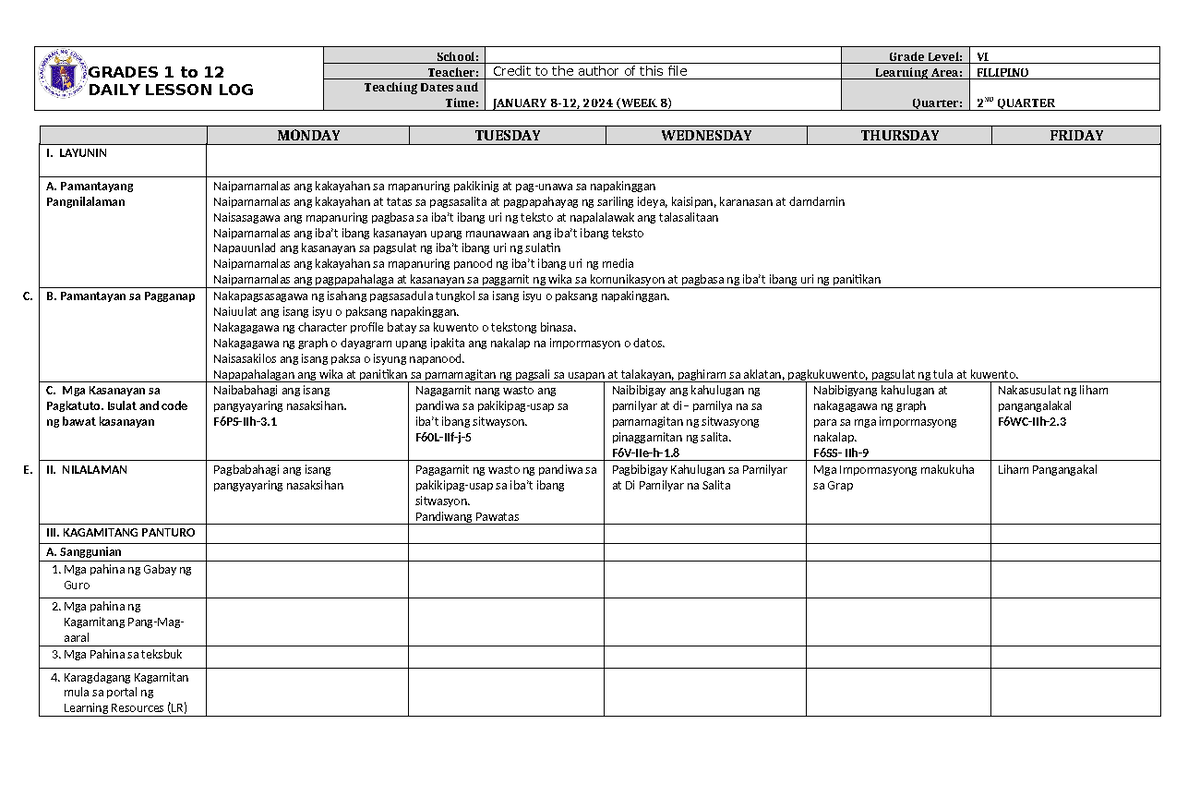 DLL Filipino 6 Q2 W8 - TEACHER - GRADES 1 to 12 DAILY LESSON LOG School: Grade Level: VI Teacher ...