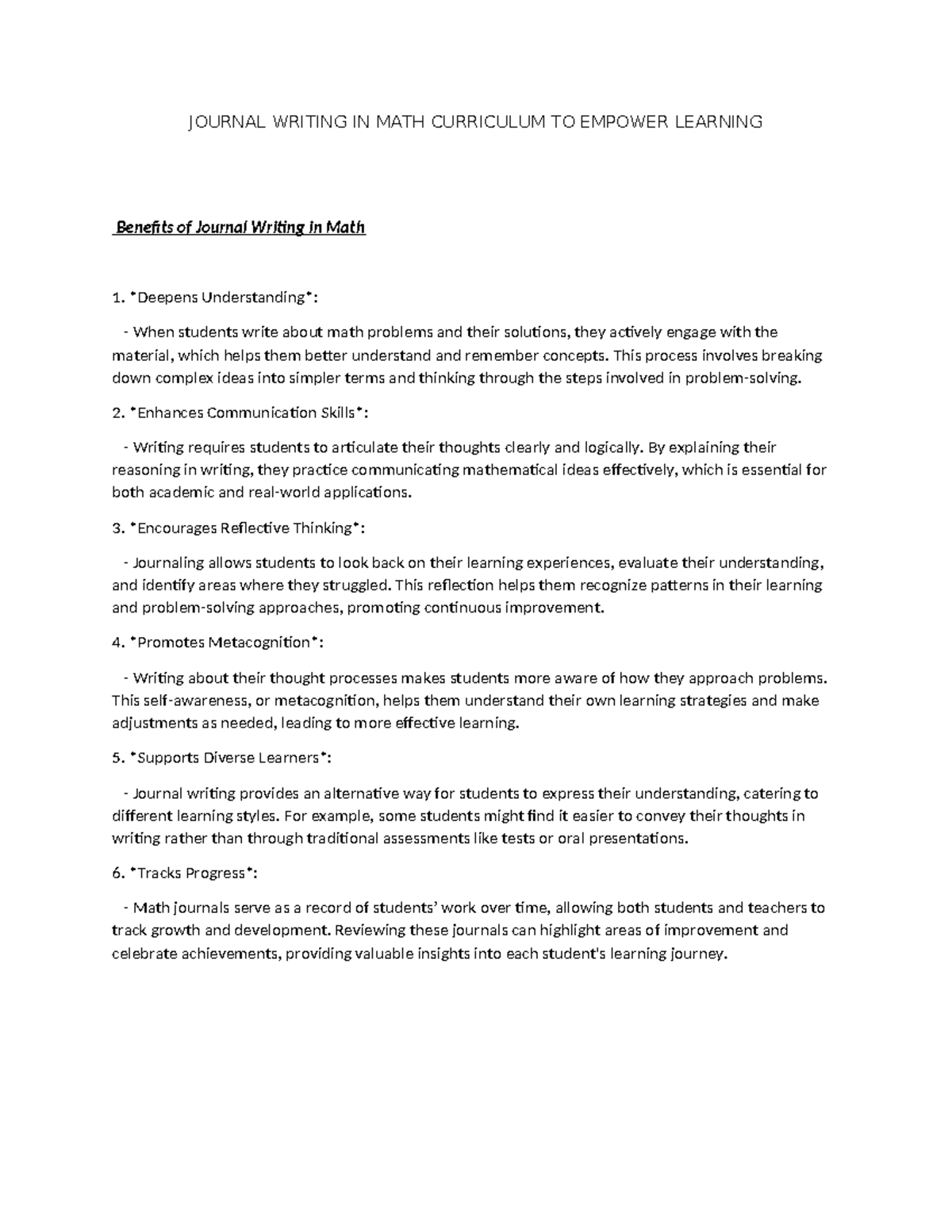 Journal Writing IN MATH Curriculum TO Empower Learning - JOURNAL ...