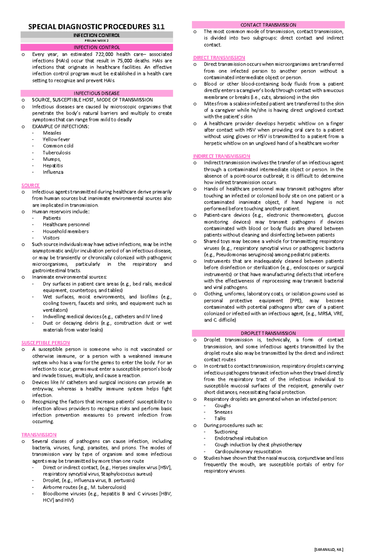 SPDX WEEK 2 - Infection Control - SPECIAL DIAGNOSTIC PROCEDURES 311 ...