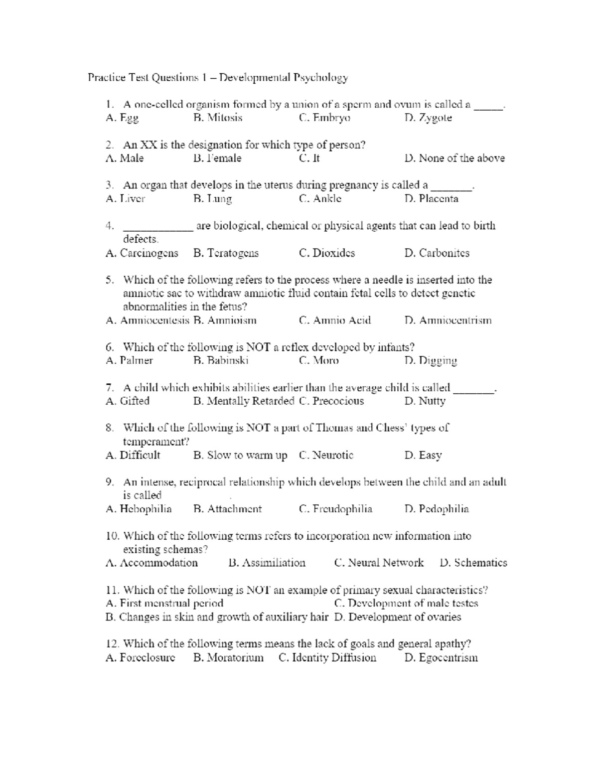 Practice Test Questions 1 – Developmental Psychology - psychology - Studocu