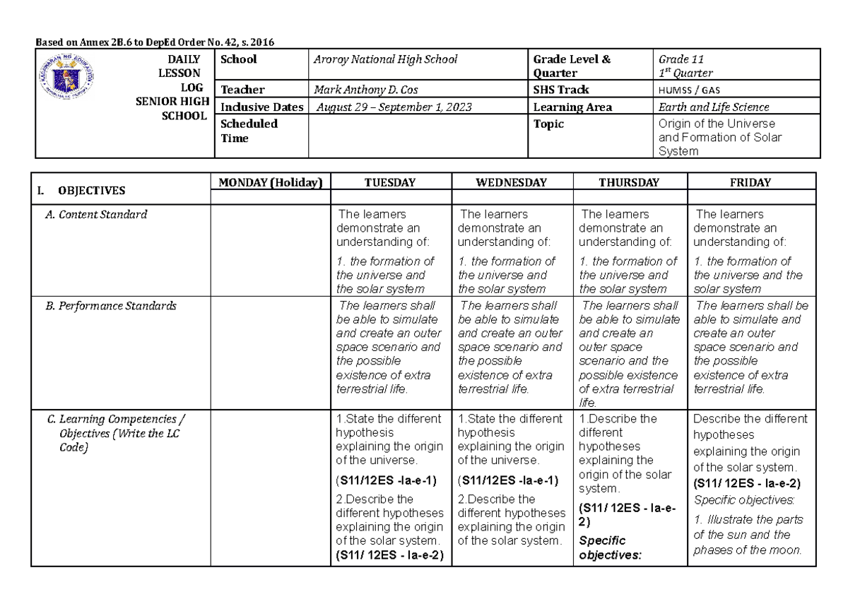 Lesson plan week 1 august 29 - september 1 - Based on Annex 2B to DepEd ...