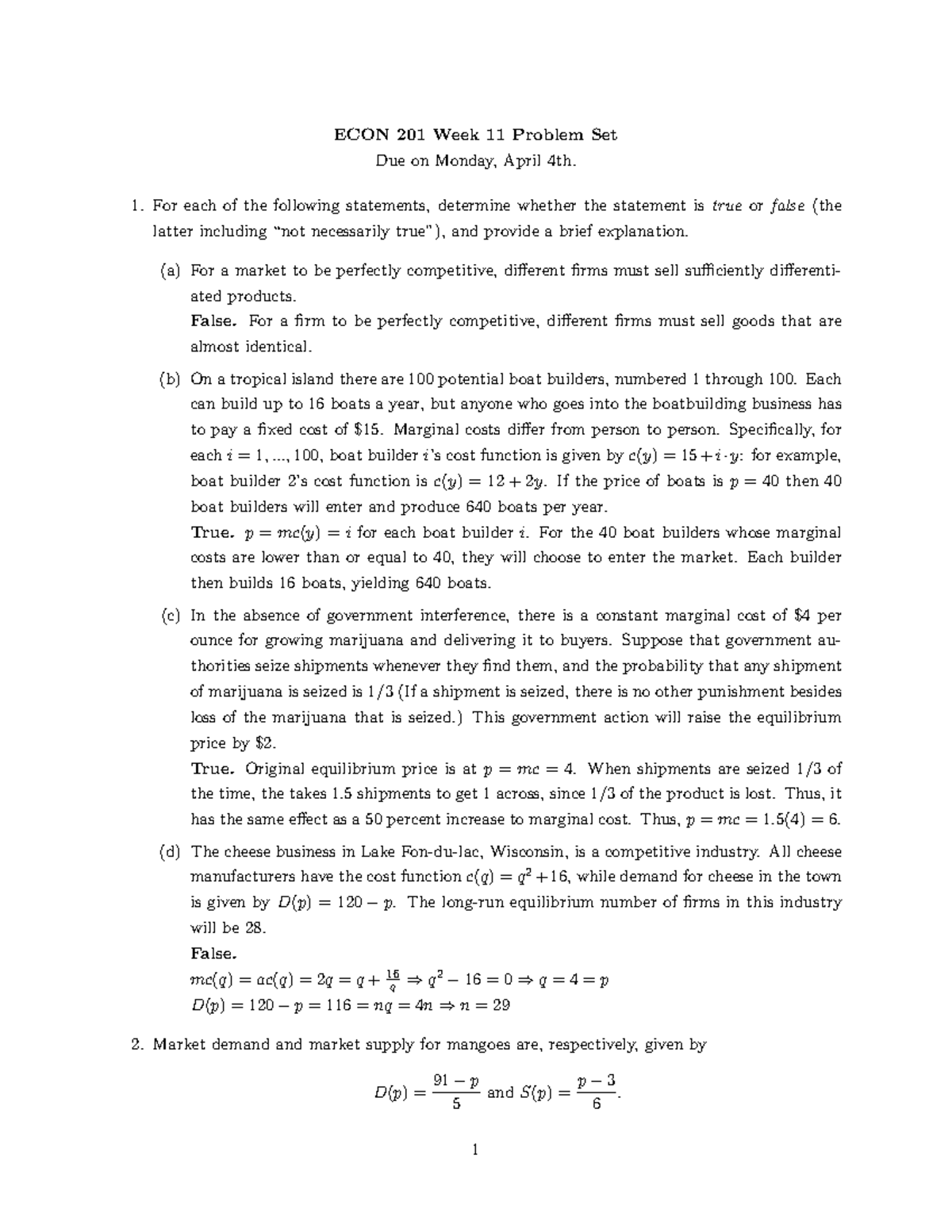 ECON HW 11 - Homework Assignment: Perfectly Competitive market - ECON 201 Week 11 Problem Set ...