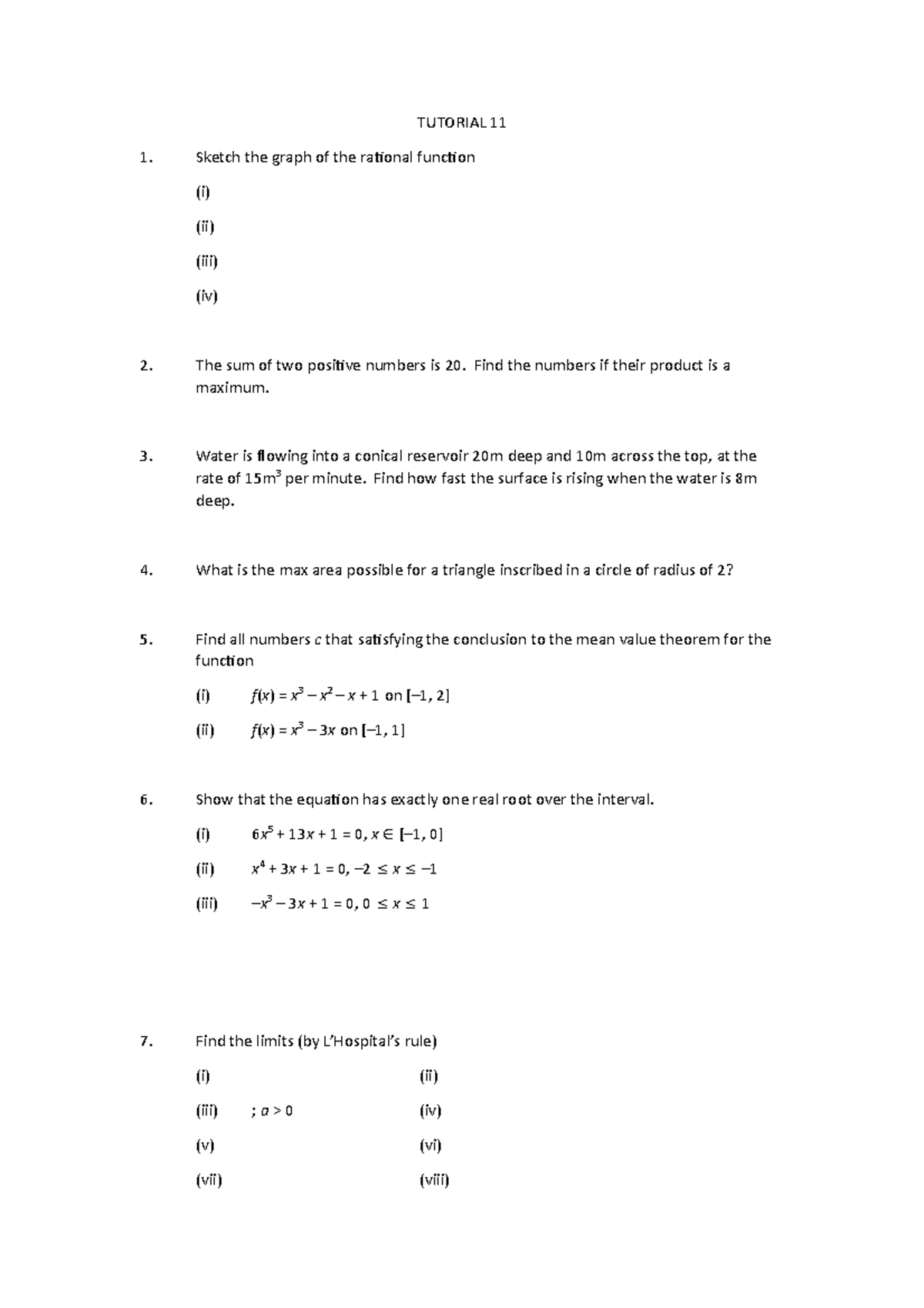 Tutorial 11 - TUTORIAL 11 Sketch the graph of the rational function (i) (ii) (iii) (iv) The sum ...
