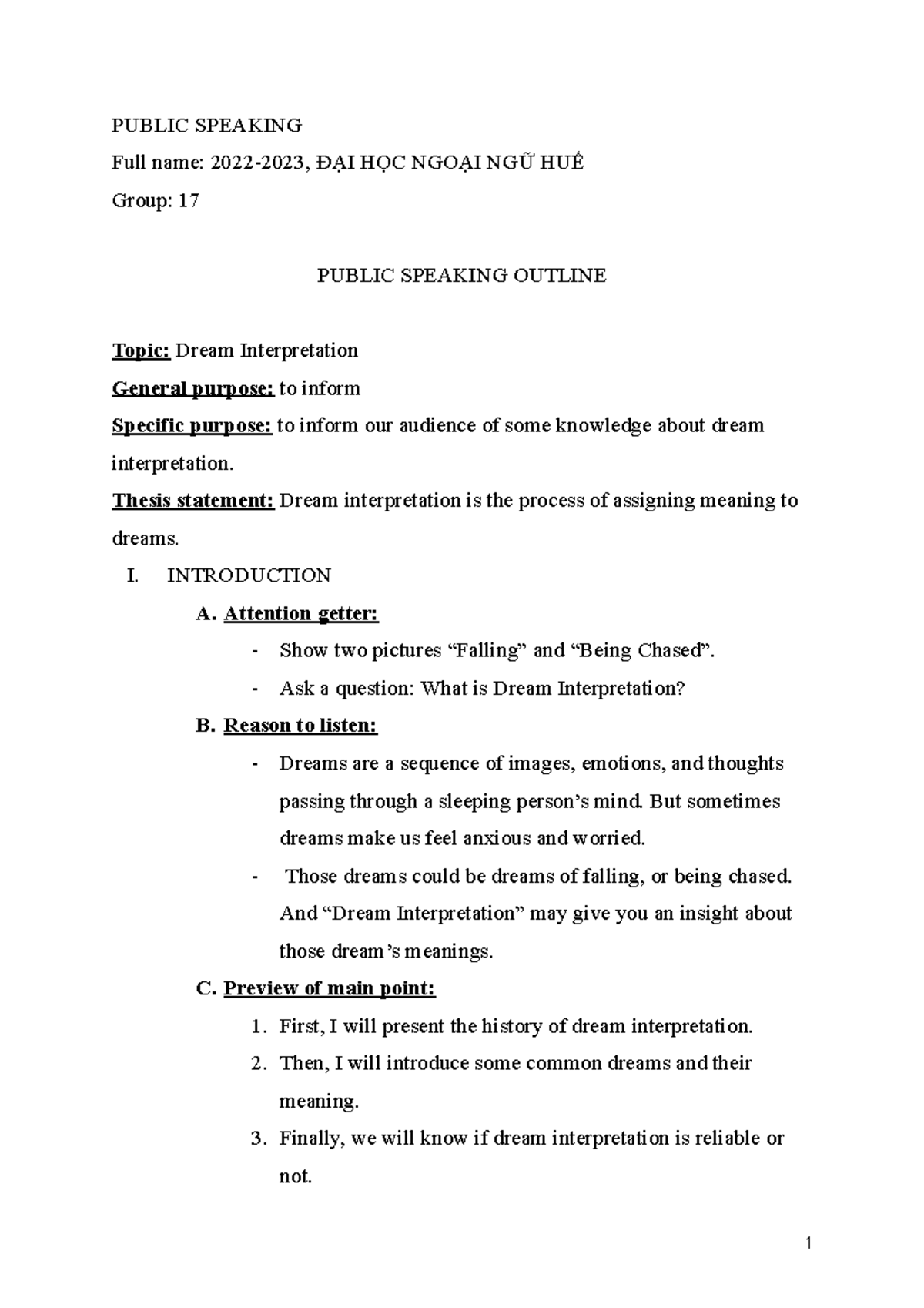 Public Speaking Detail Outline - Dream Interpretation - PUBLIC SPEAKING ...