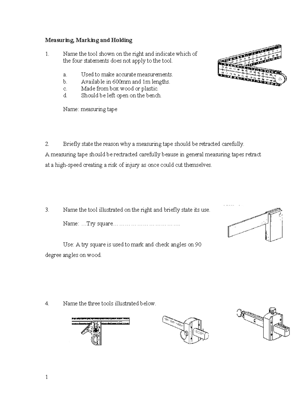 1. Measuring Marking and holding tools - Measuring, Marking and Holding Name the tool shown on ...