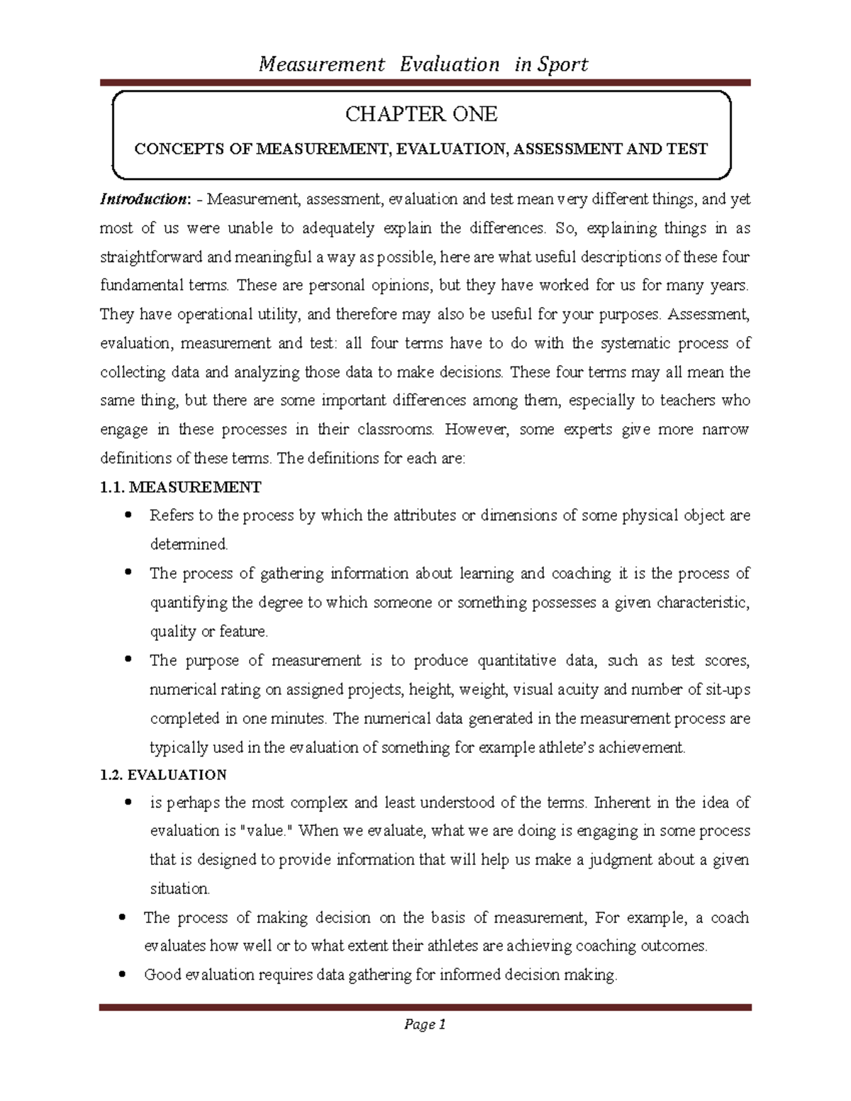Measurement and evaluation course note - Introduction : - Measurement ...