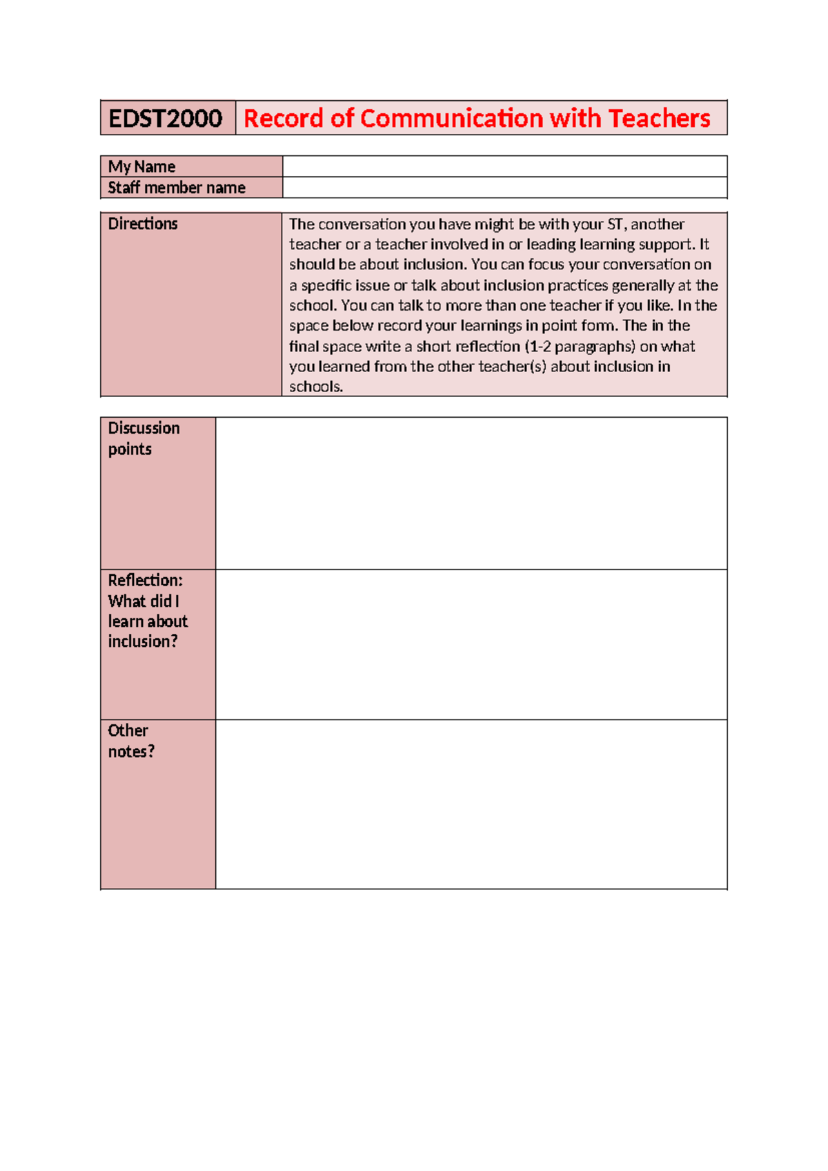 Record Of Communication With Teachers - It should be about inclusion ...