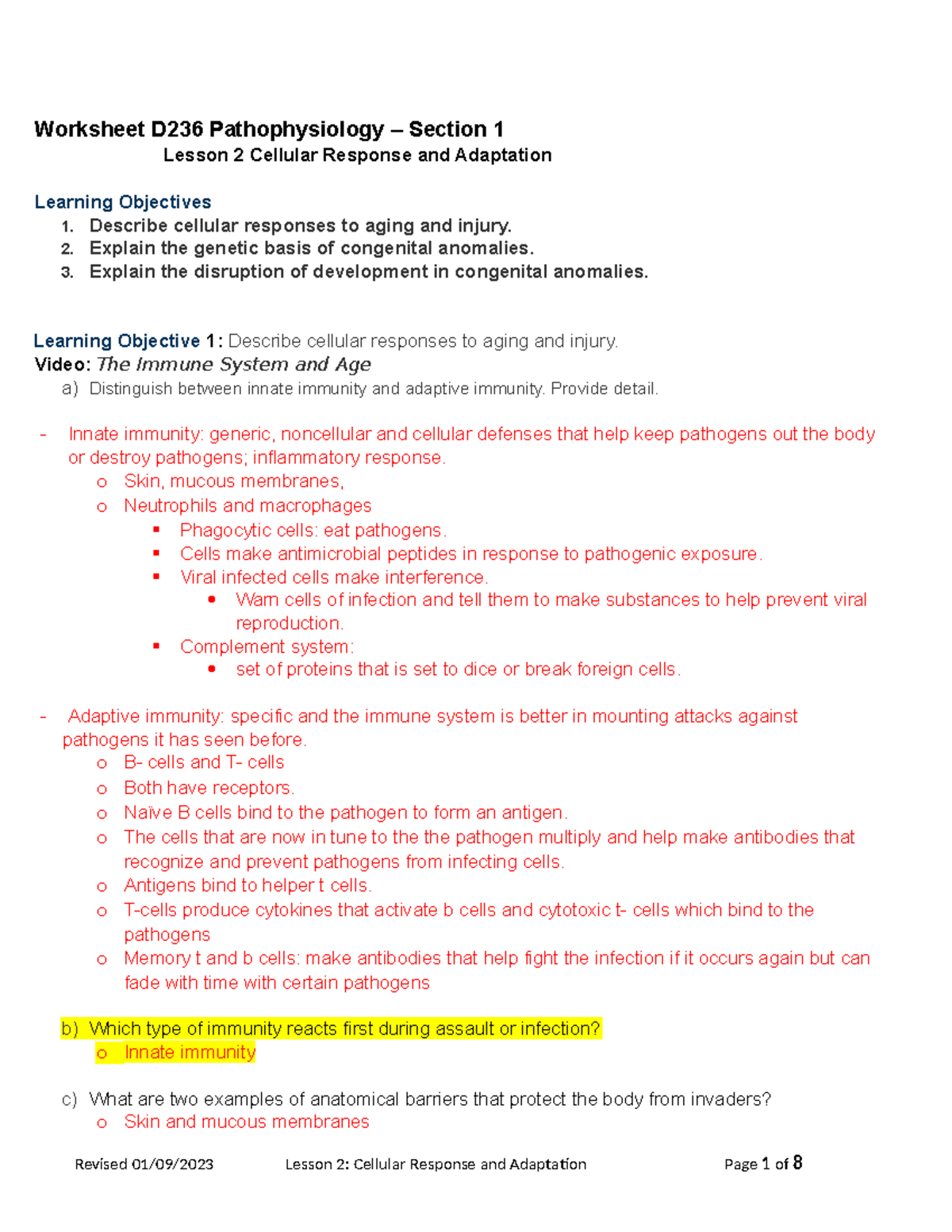 Lesson 2 Cellular Response And Adaptation Worksheet D236 Pathophysiology Section 1 Lesson 2