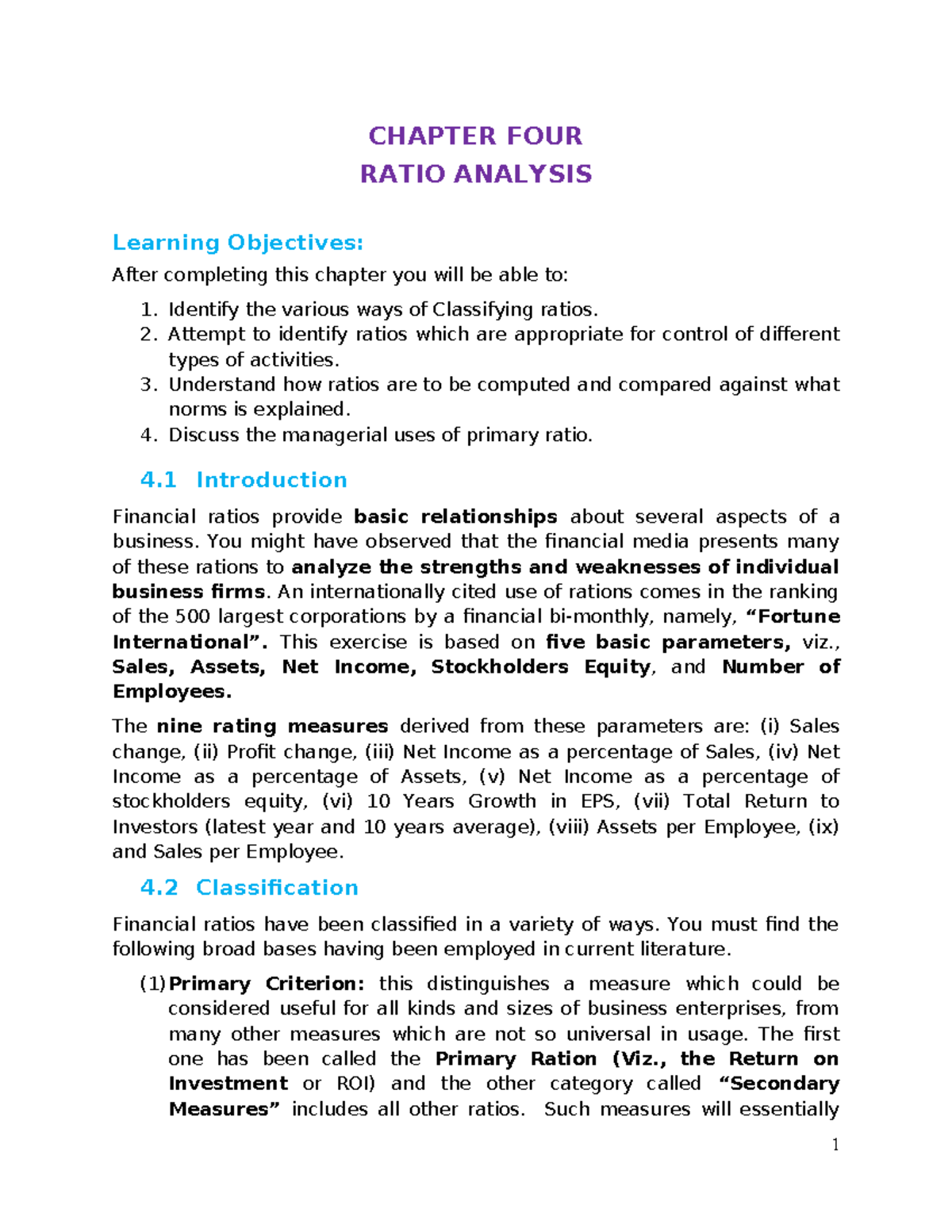 FM Chapter 4 - Financial management - CHAPTER FOUR RATIO ANALYSIS ...