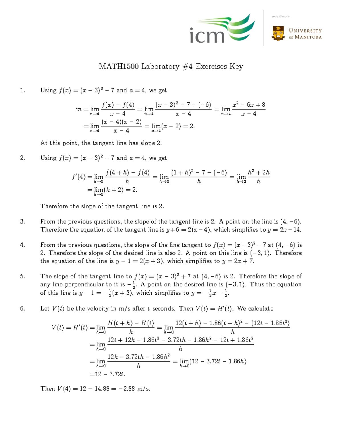 Laboratory-Week4-key - MATH1500 Laboratory #4 Exercises Key 1. Using f ...