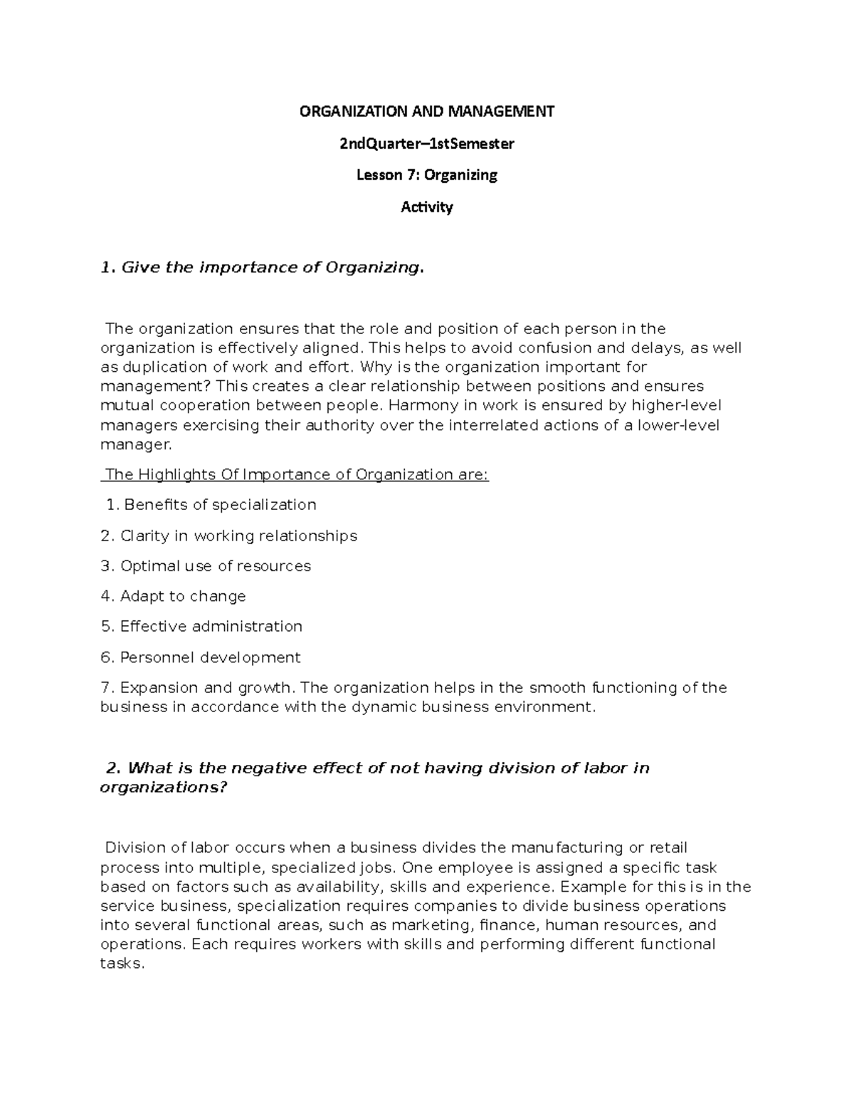 Organization AND Management - ORGANIZATION AND MANAGEMENT 2ndQuarter ...