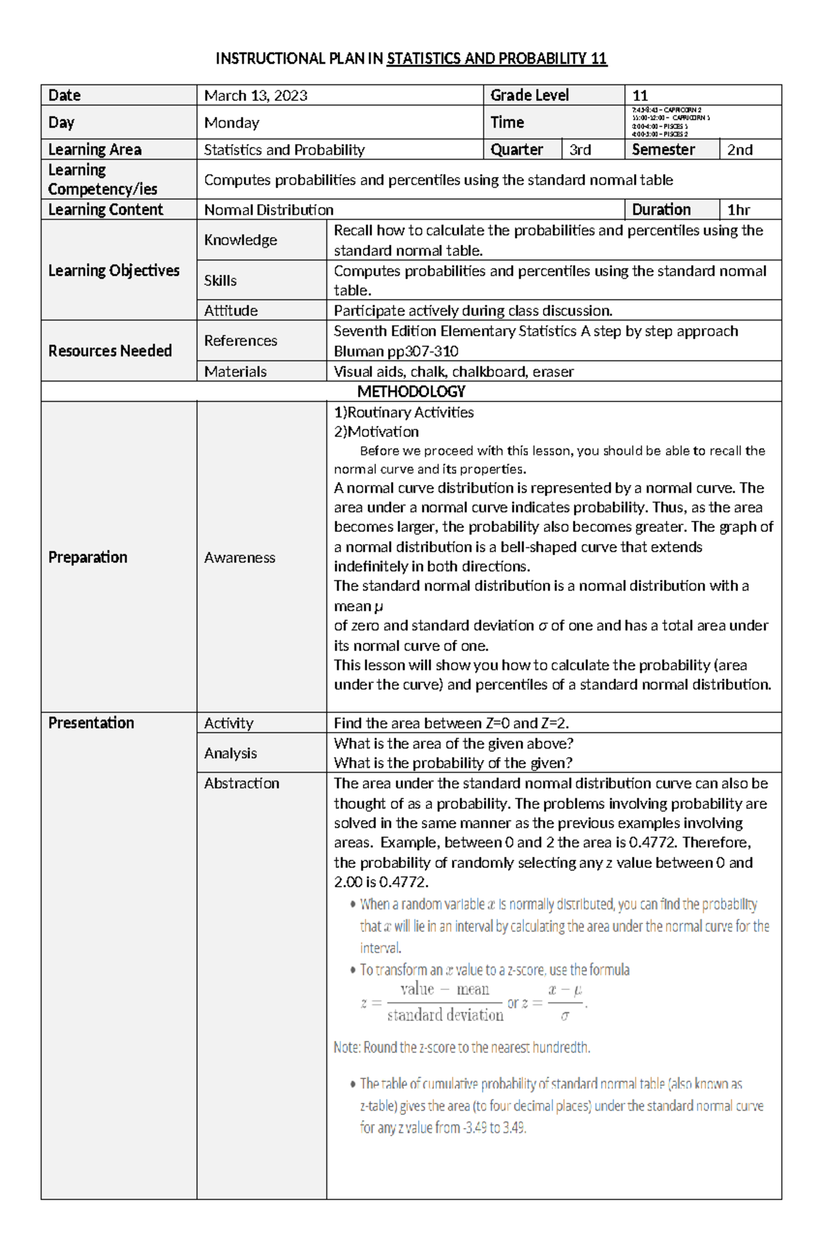 9. Q3 Normal Curve - LESSON PLAN FOR GEN MATH - INSTRUCTIONAL PLAN IN ...