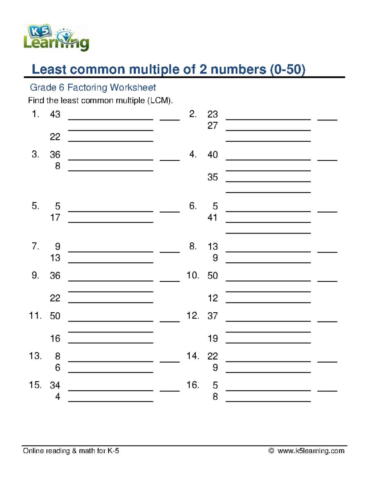 Grade 6 least common multiple lcm 2 numbers 2 50 a - Online reading ...