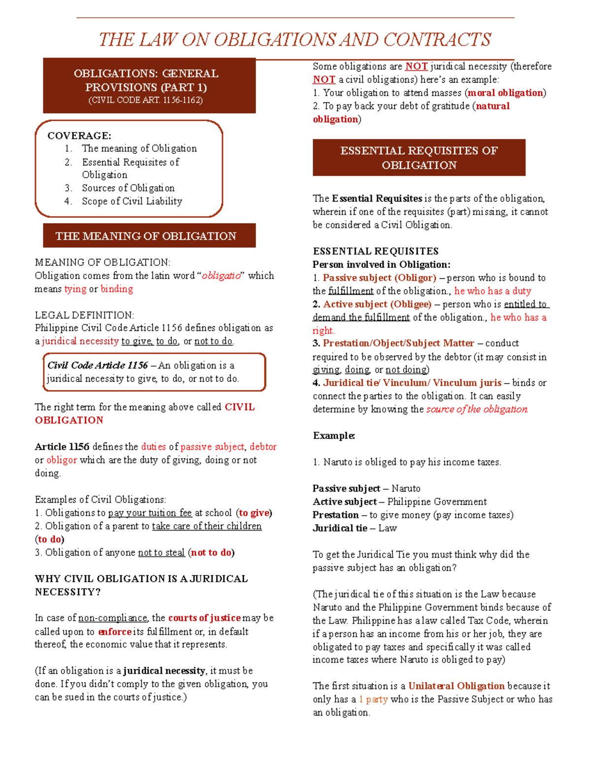 LAW-101 - Chapter 1 - MEANING OF OBLIGATION: Obligation comes from the ...