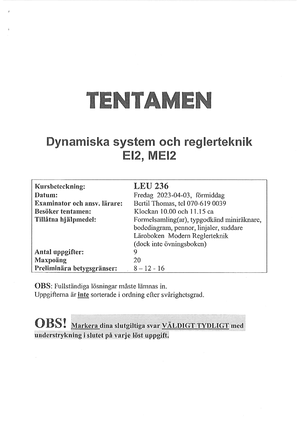 Gammal tenta-Dynamiska system-LEU236 - LEU236 - Studocu