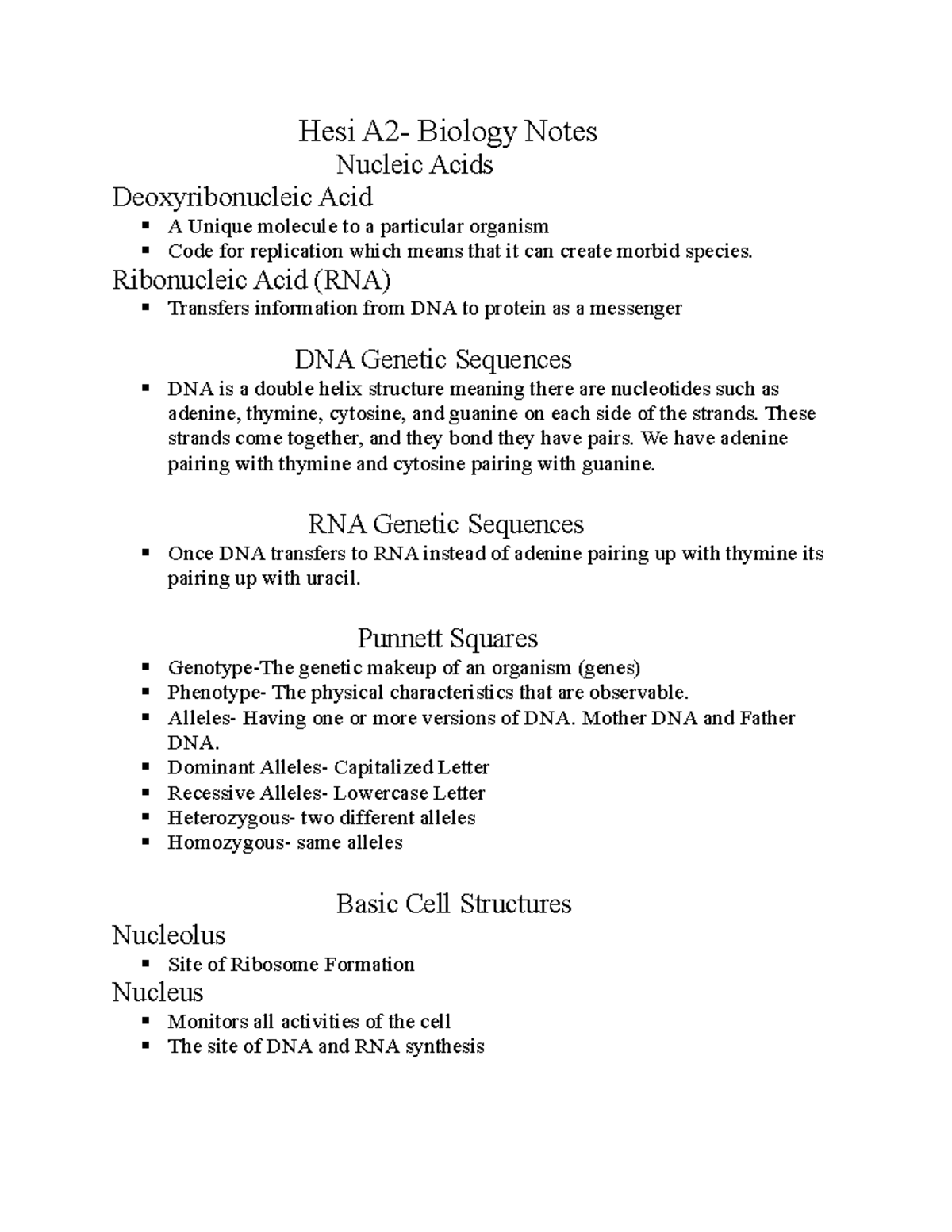 Hesi A2- Biology Notes - Entrance exam - Hesi A2- Biology Notes Nucleic ...