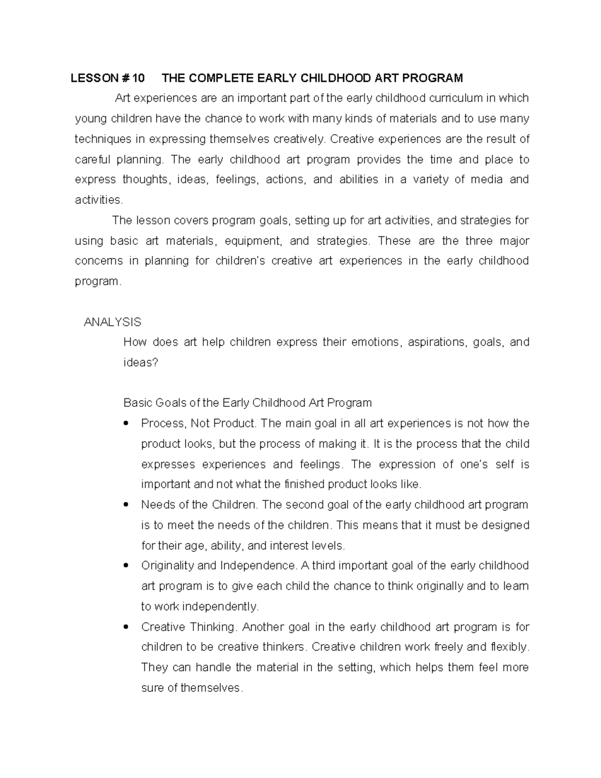 Lesson 10 complete early childhood art program - LESSON # 10 THE ...