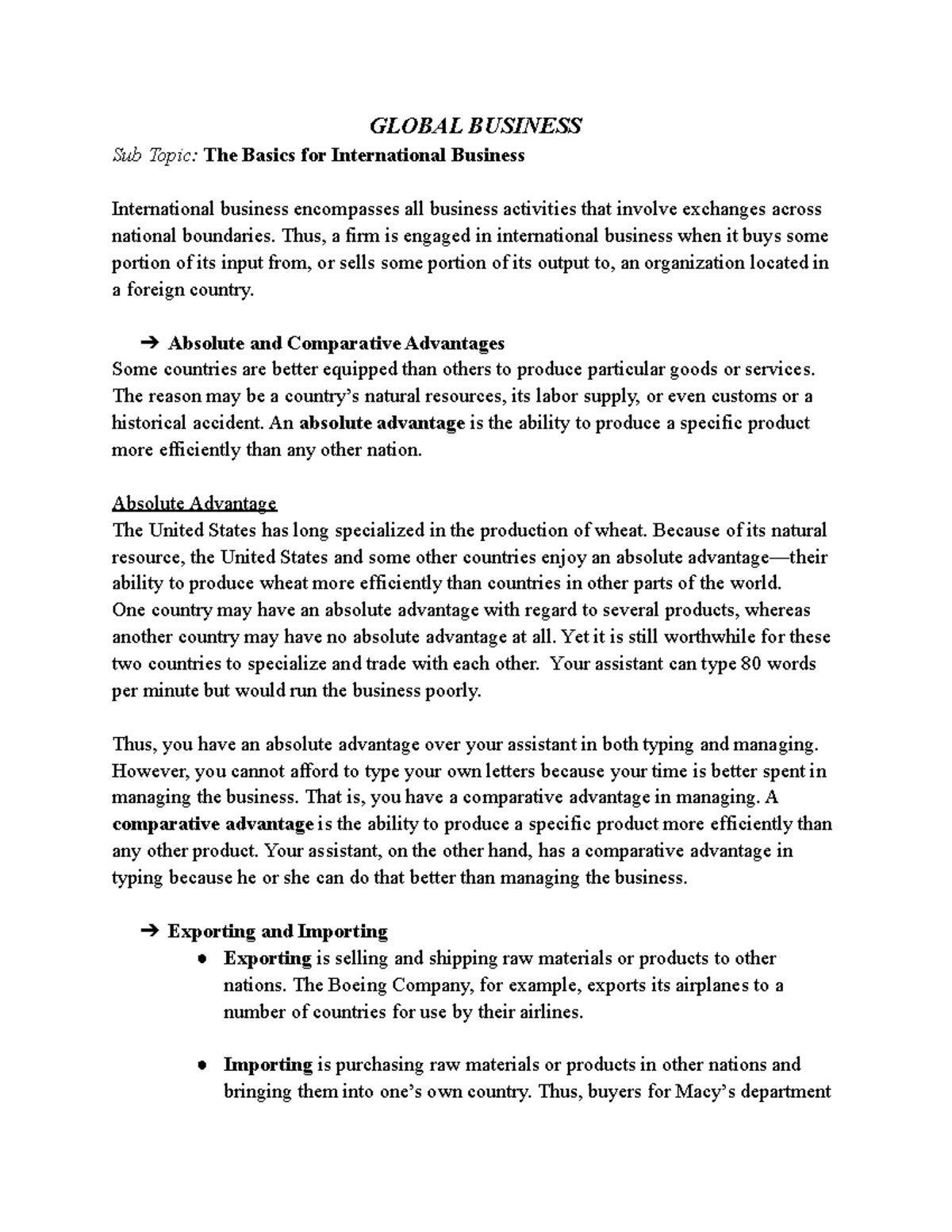 Chapter 3 Business Lecture Notes - GLOBAL BUSINESS Sub Topic: The ...