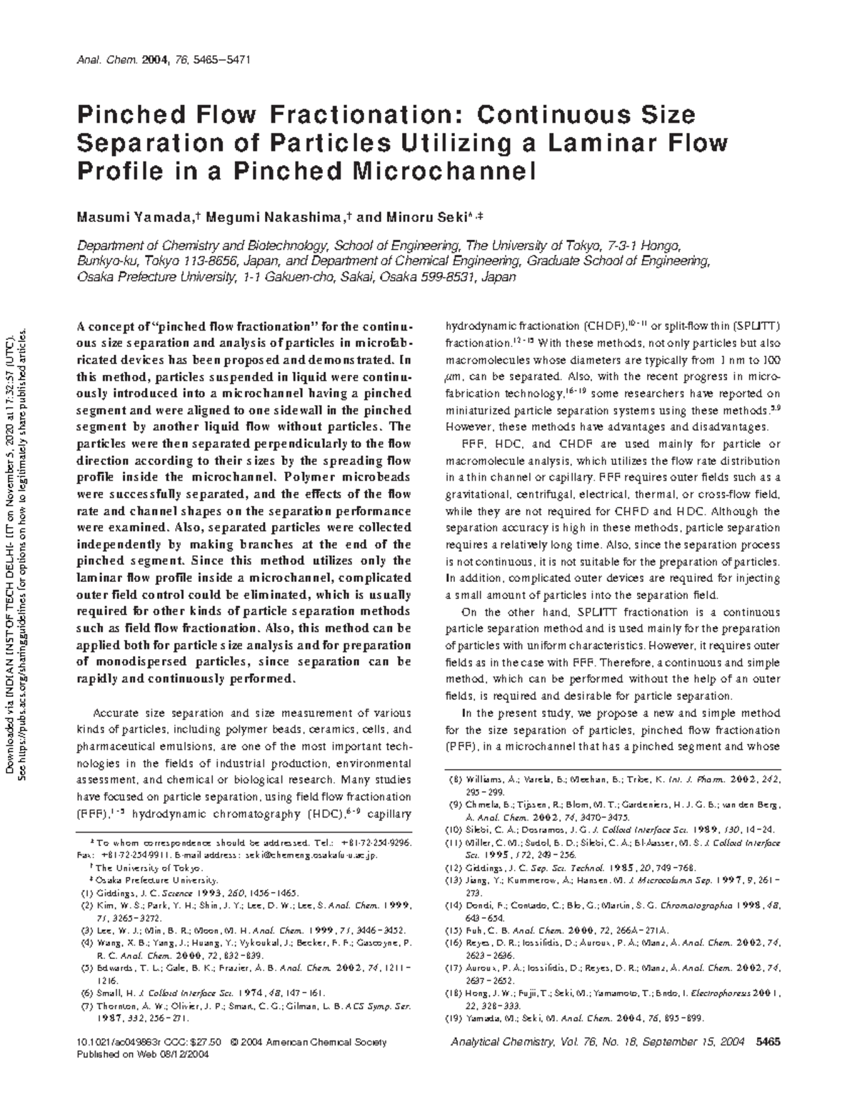 Yamada Pinched flow - yes - Pinched Flow Fractionation: Continuous Size Separation of Particles ...