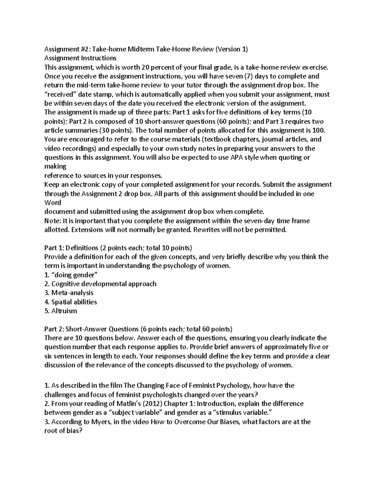 Practice Midterm - Assignment #2: Take-home Midterm Take-Home Review ...