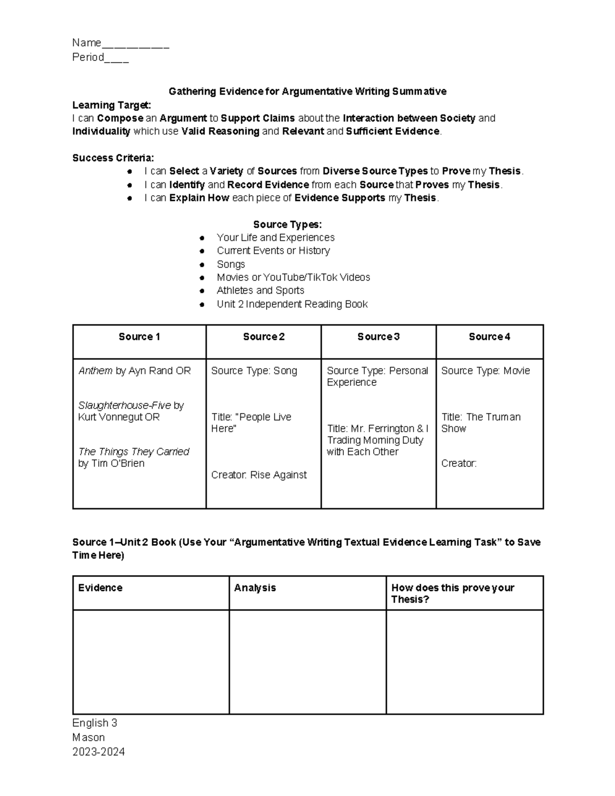 Gathering Evidence for Argumentative Writing Summative - Name ...
