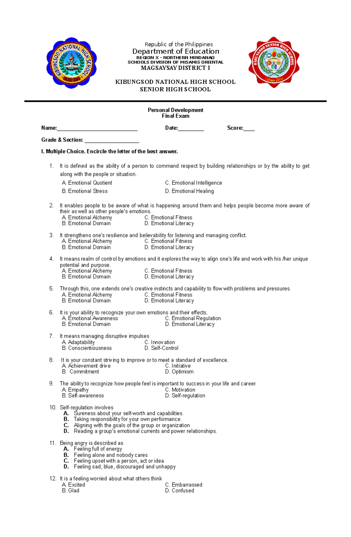 Final Exam Per Dev - EXAM - Republic of the Philippines Department of ...