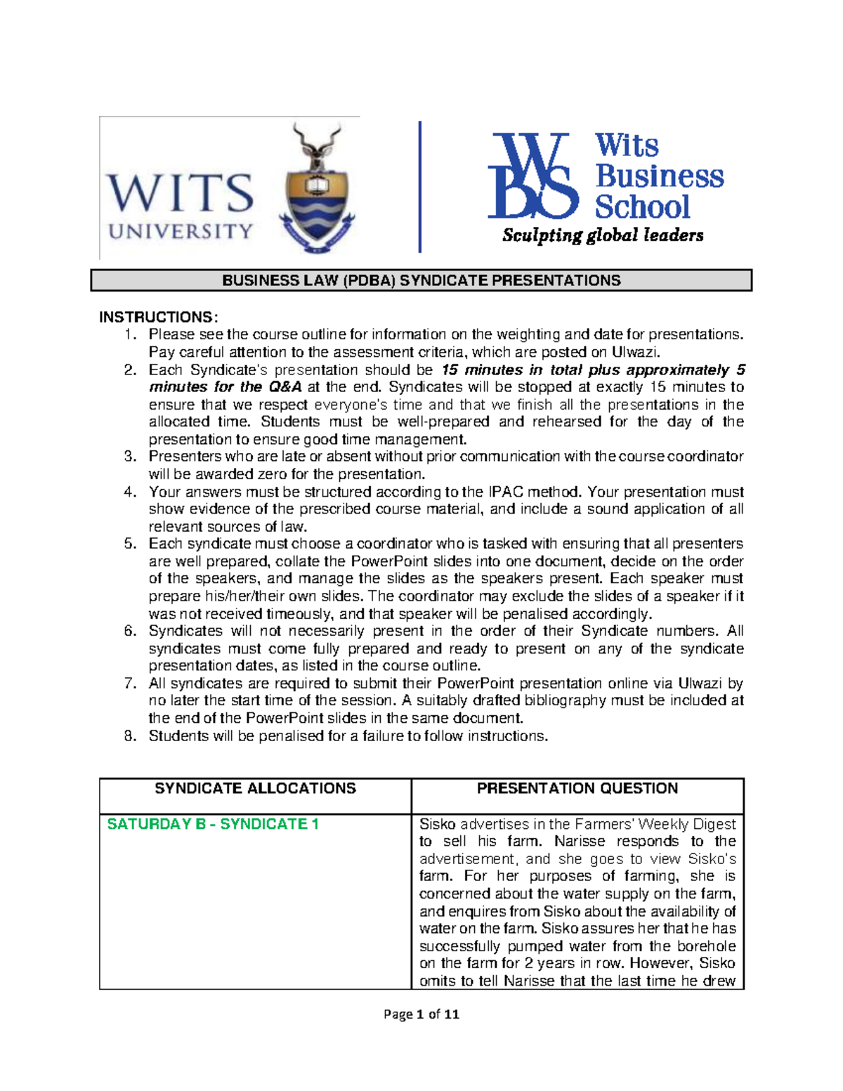 Syndicate presentation topics - Saturday B - BUSINESS LAW (PDBA ...