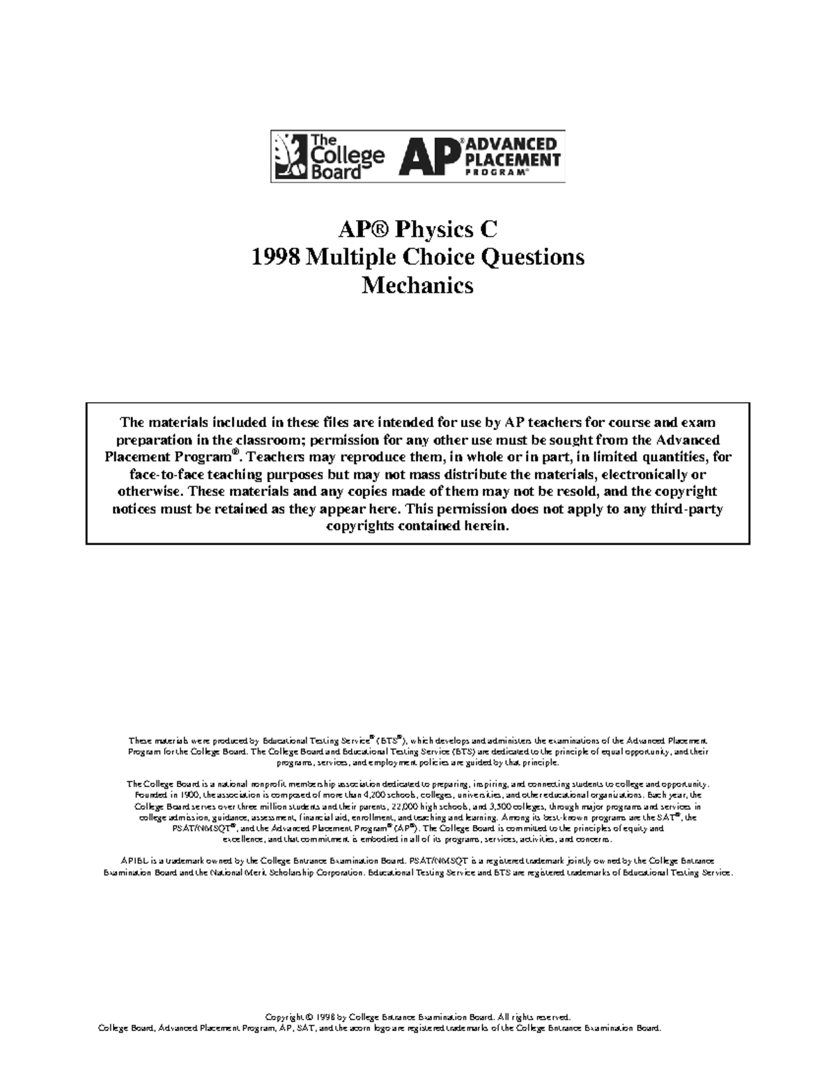 5. AP Physics C~ Mechanics AP Exam 1998 - Copyright © 1998 by College Entrance Examination Board ...