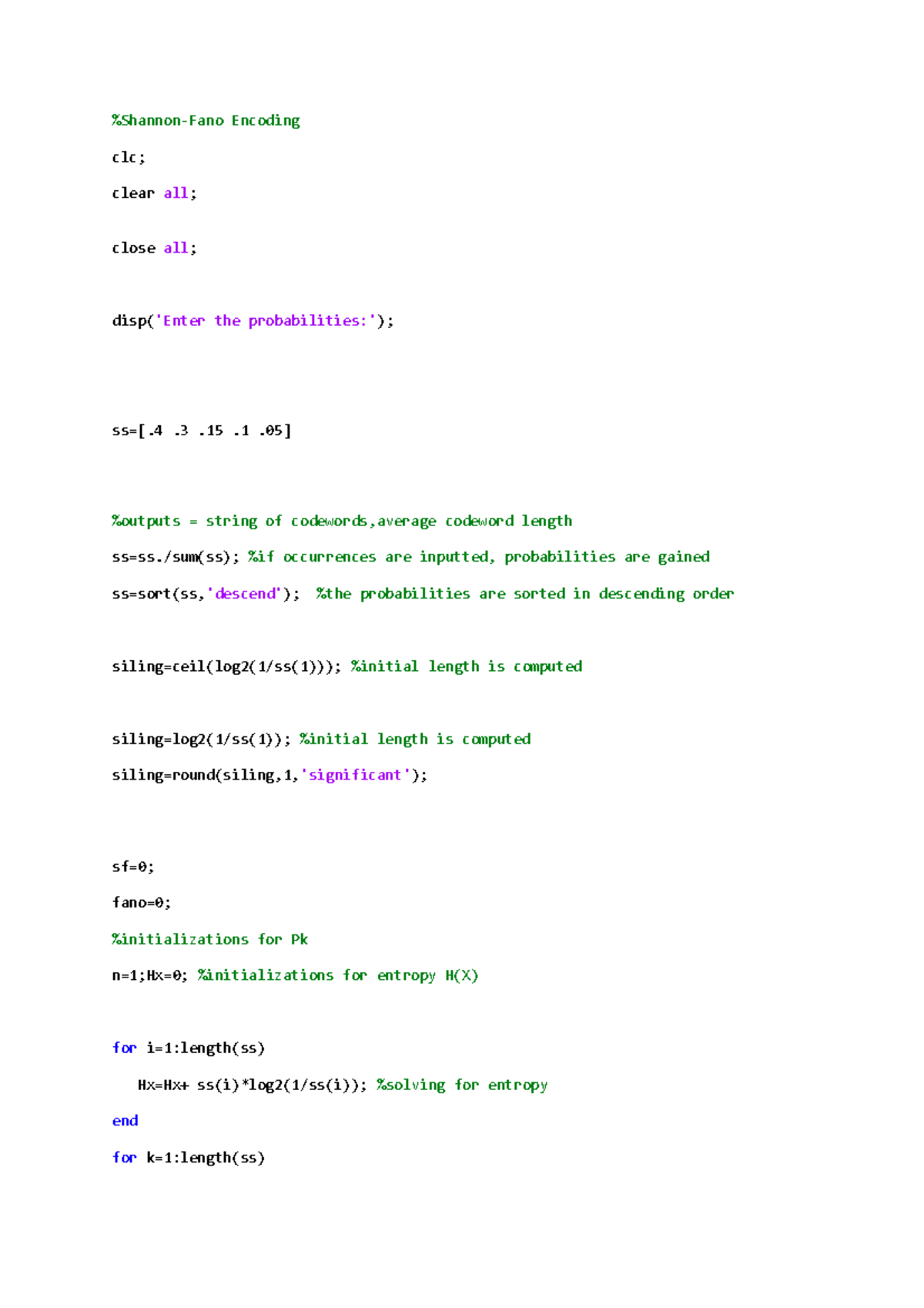 Shannon-1 - Notes - %Shannon-Fano Encoding clc; clear all; close all ...