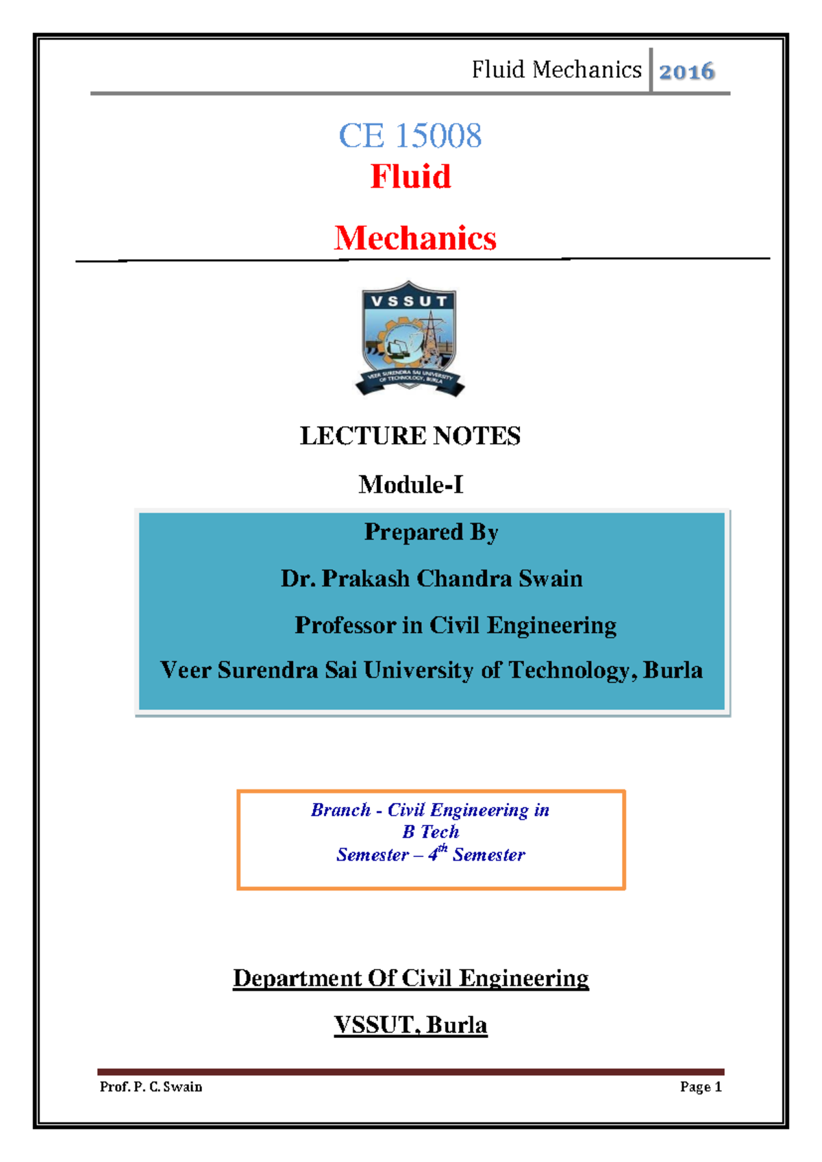 Fluid mchanics module 1 - CE 15008 Fluid Mechanics LECTURE NOTES Module ...