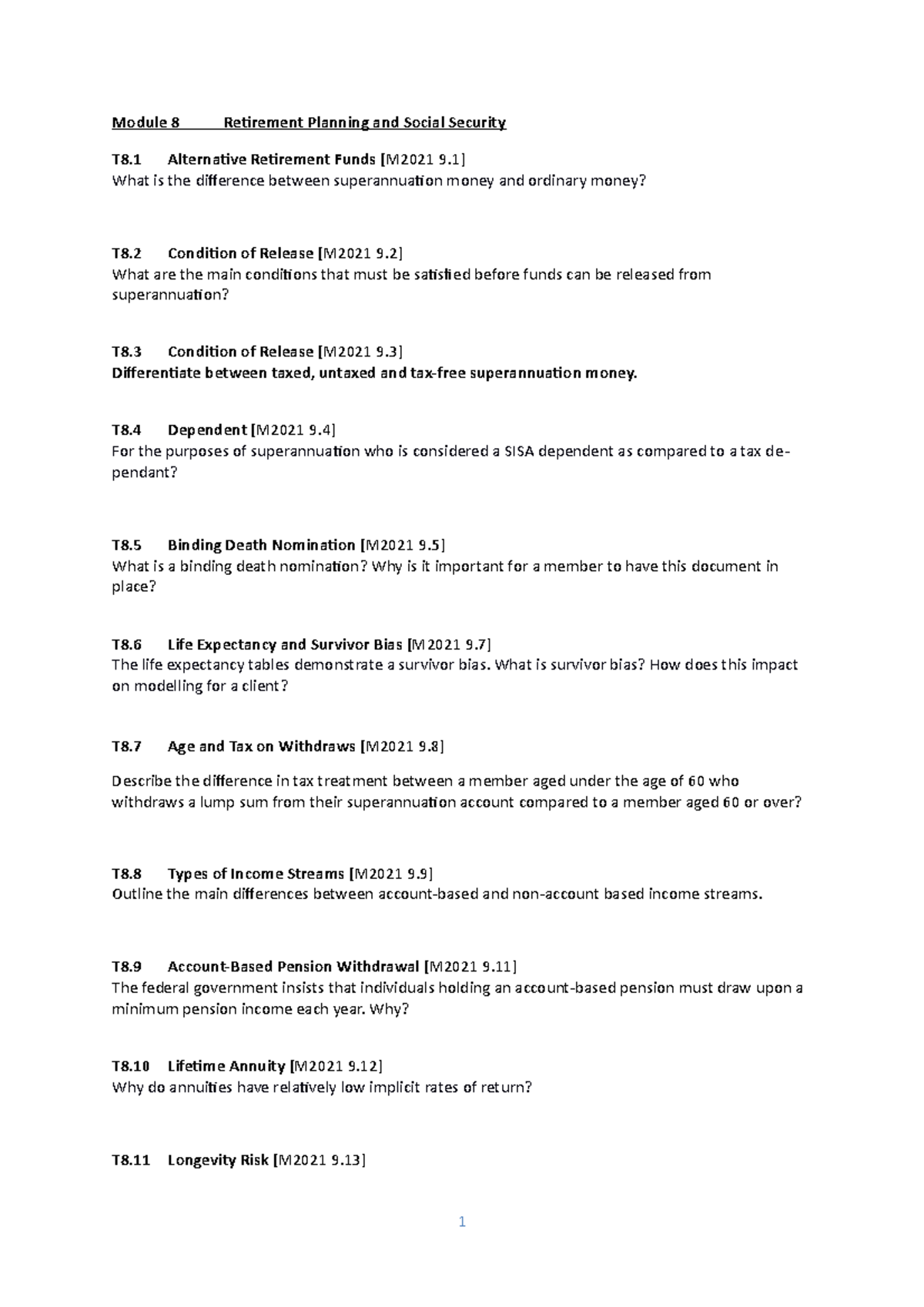 Tutorial M08 Questions - Module 8 Retirement Planning and Social ...