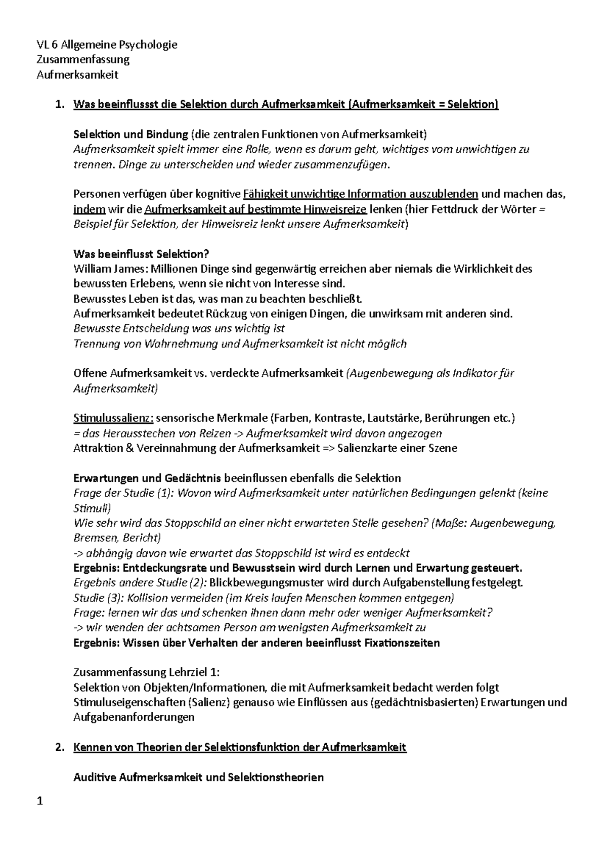 VL 6 Allgemeine Psychologie - Aufmerksamkeit - VL 6 Allgemeine Psychologie Zusammenfassung - Studocu