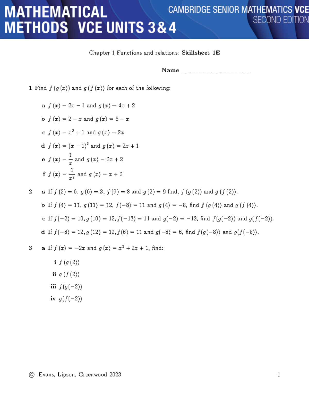 Skillsheet-1E - maths methods vce - Chapter 1 Functions and relations ...