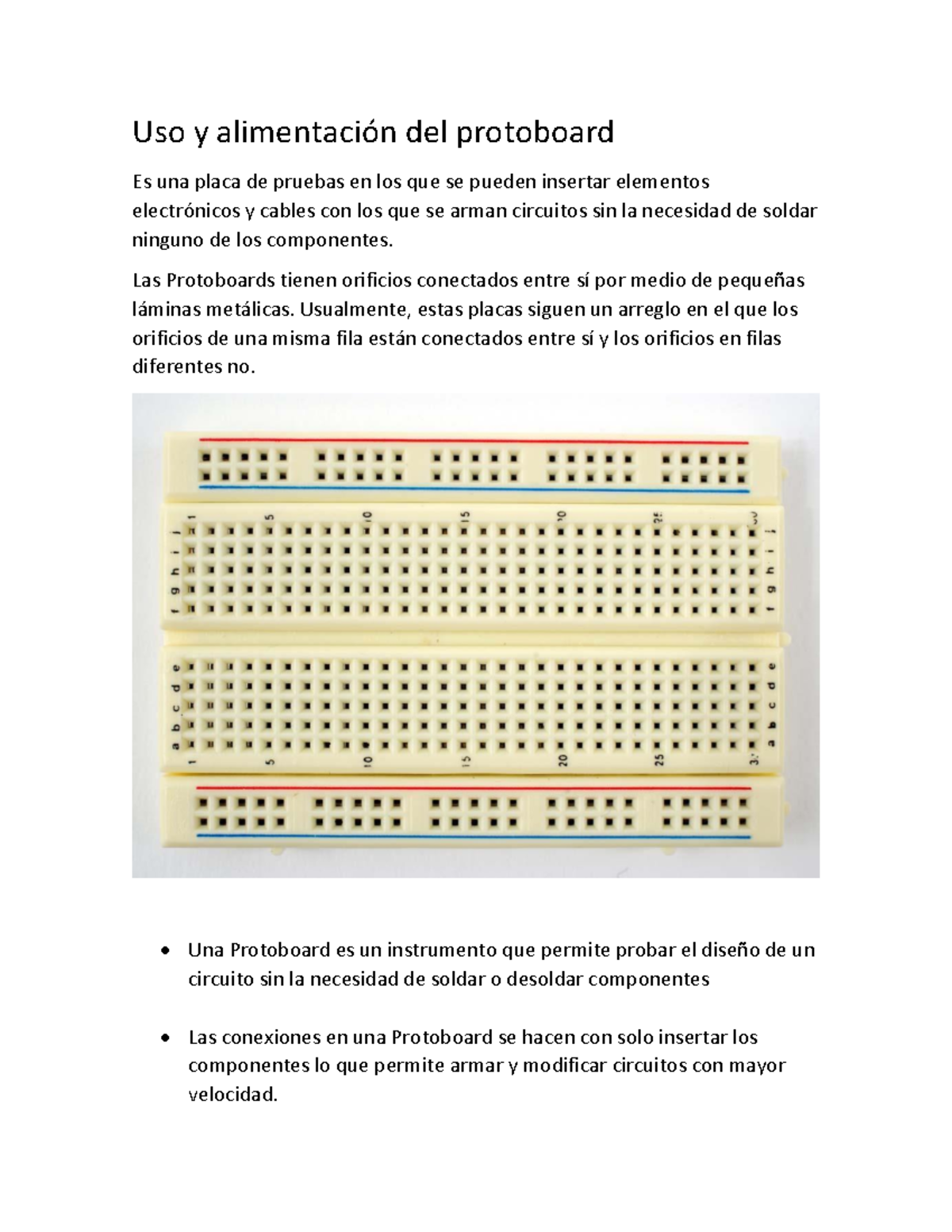 Uso y alimentación del protoboard - Las Protoboards tienen orificios ...