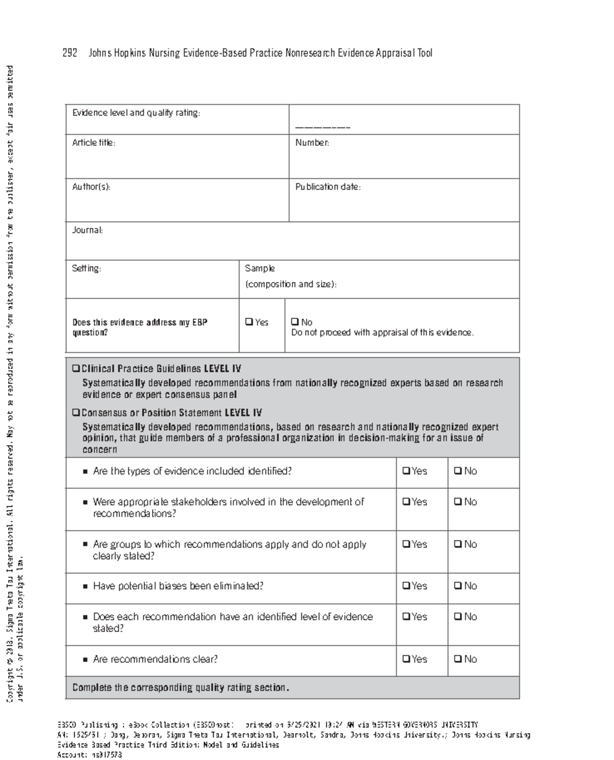 Nonresearch Evidence Appraisal Tool 292 Johns Hopkins Nursing