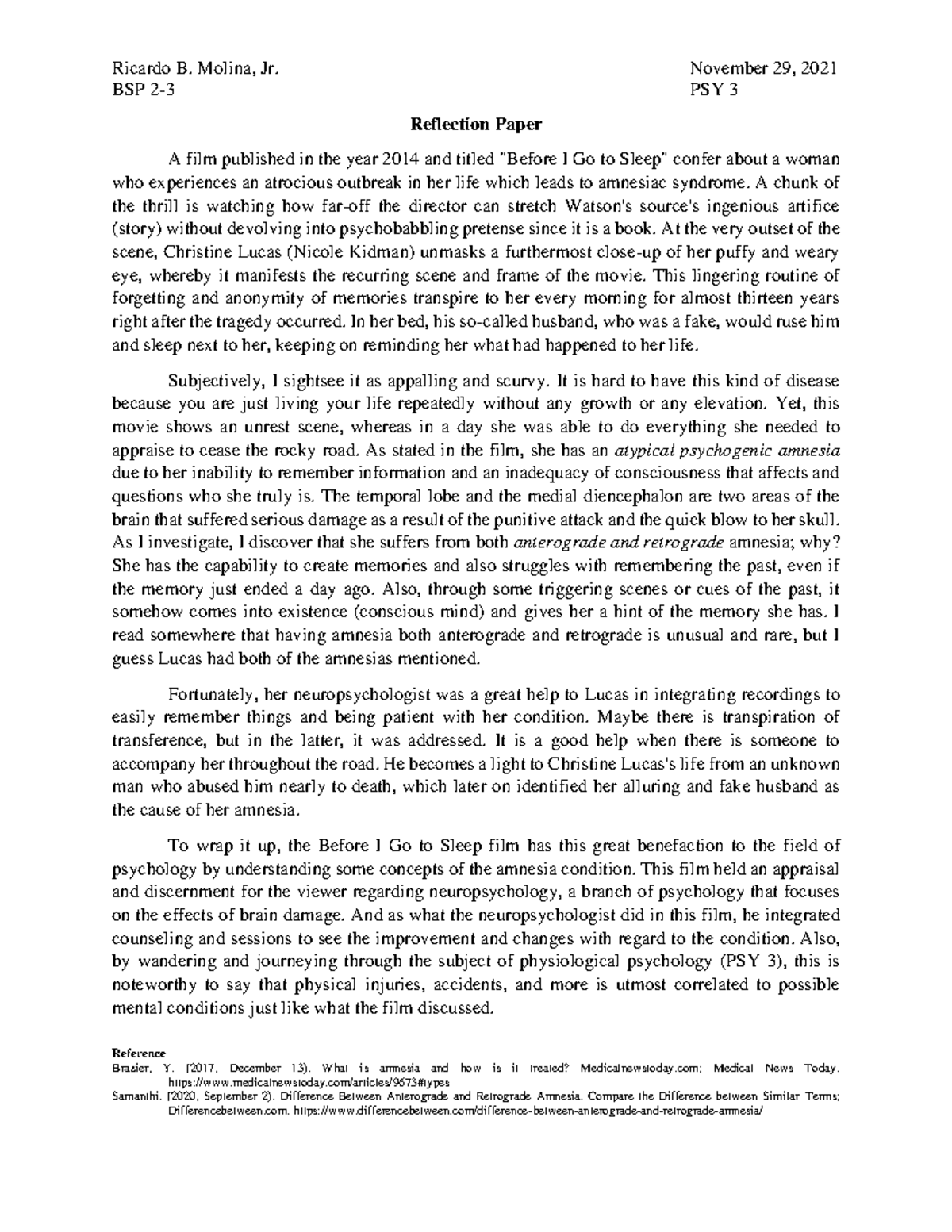 Molina, Ricardo, Jr. B. BSP 2-3 (Reflection Paper about Amnesia ...