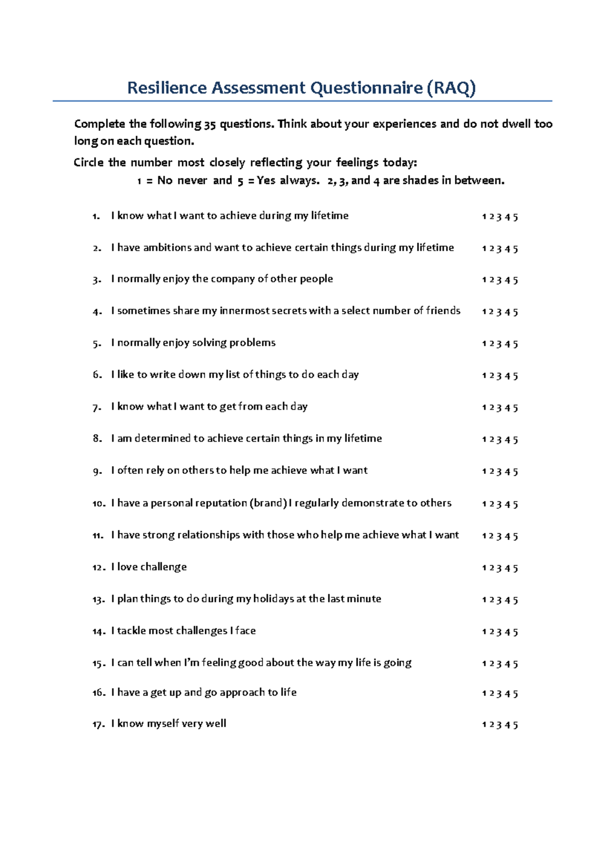 Resilience Assessment Questionnaire 2019 - Think about your experiences ...