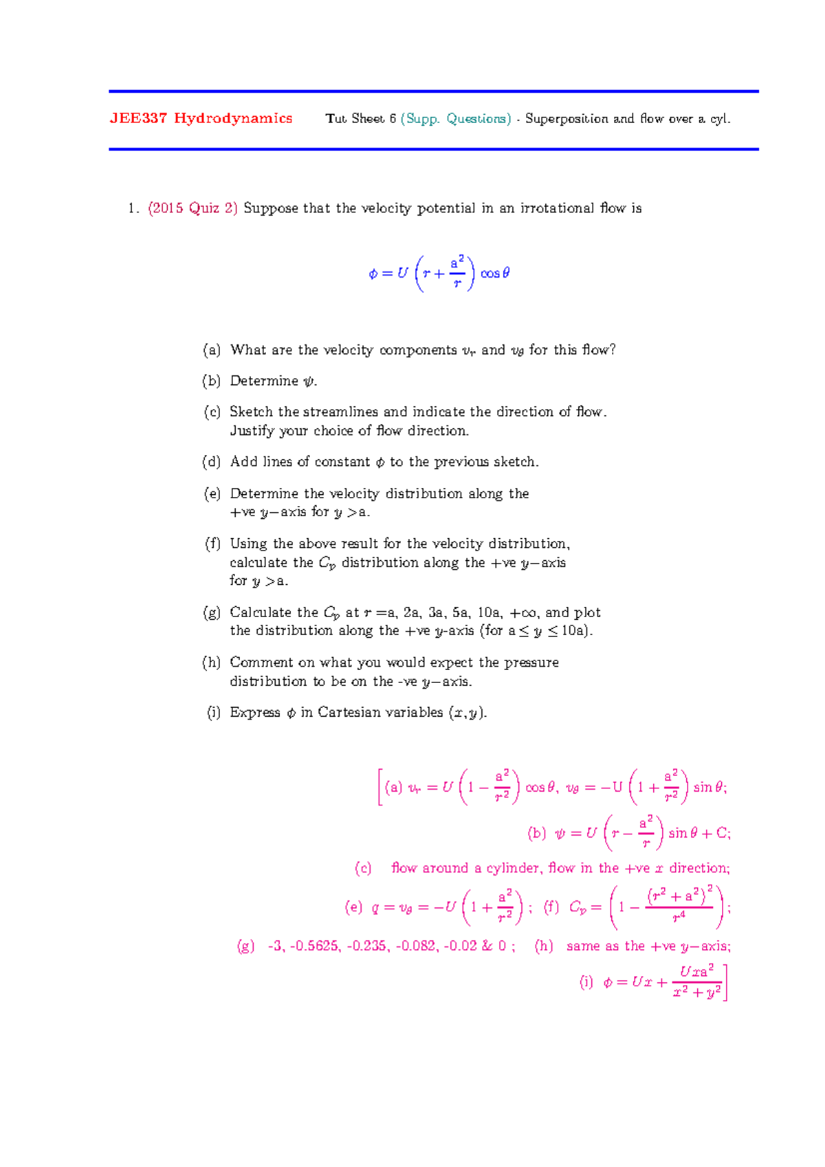Tutorial s6 2018 supp - JEE337 Hydrodynamics Tut Sheet 6 (Supp. Questions) Superposition and ...