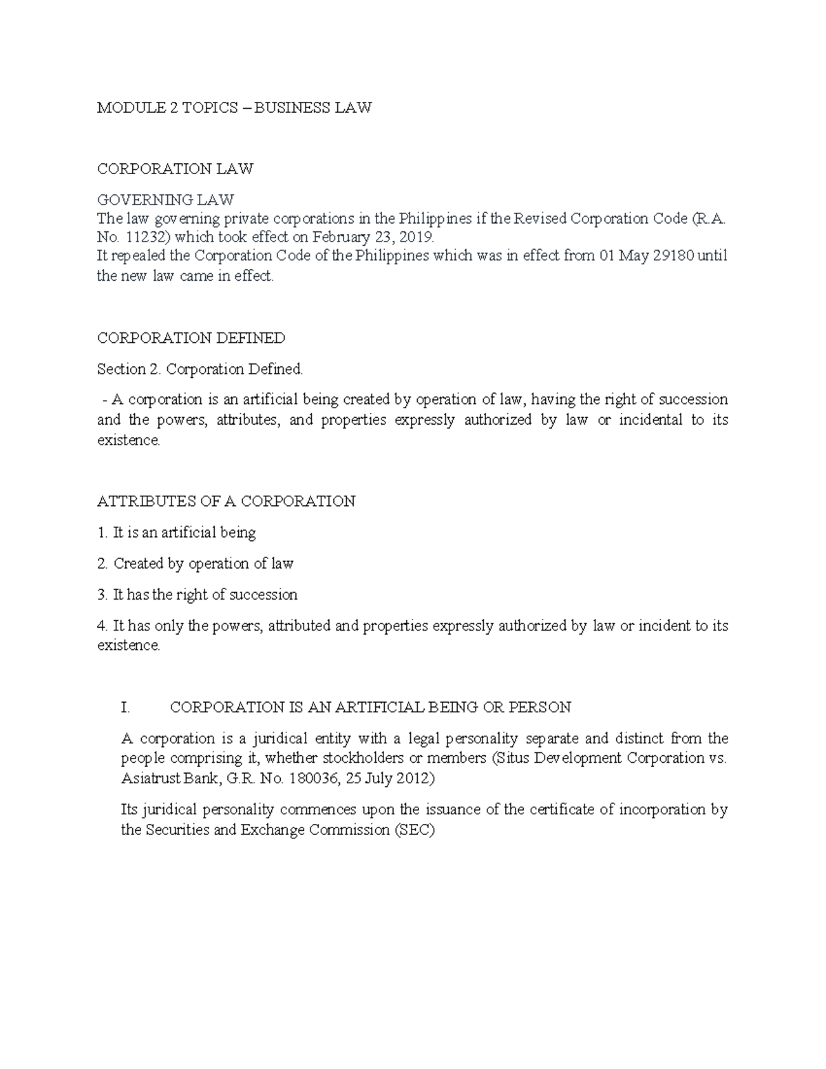 Corporation LAW - MODULE 2 TOPICS – BUSINESS LAW CORPORATION LAW ...