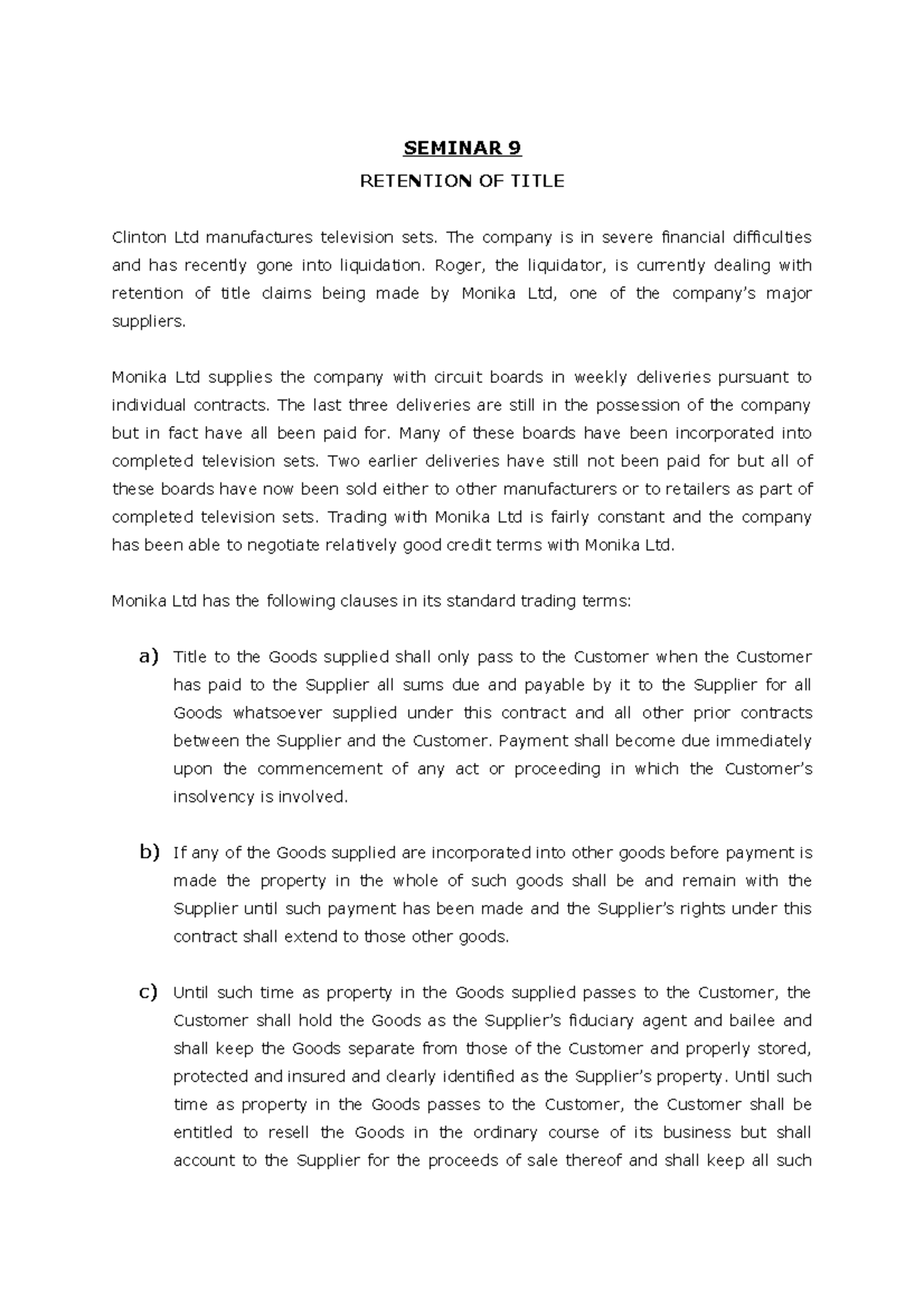 Retention of Title Seminar - SEMINAR 9 RETENTION OF TITLE Clinton Ltd ...