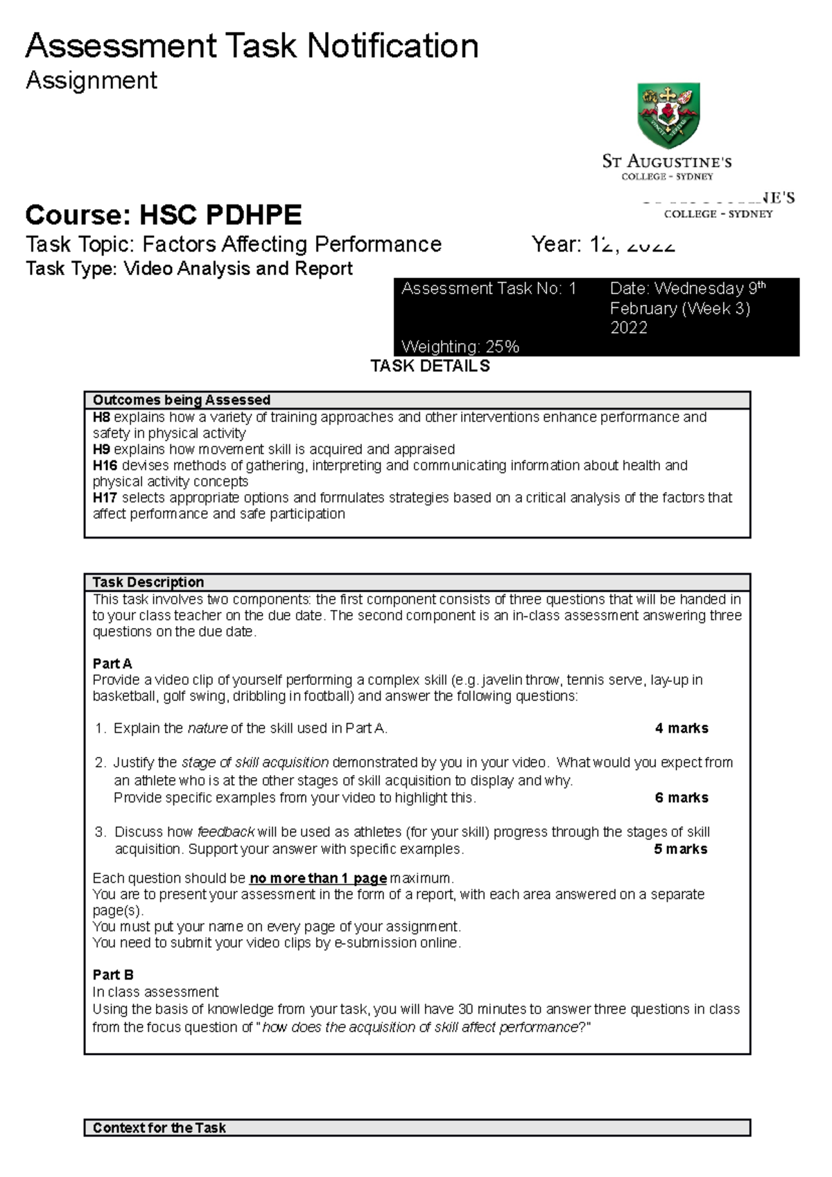 2022 Year 12 Task 1 Core 2 - Assessment Task Notification Assignment ...