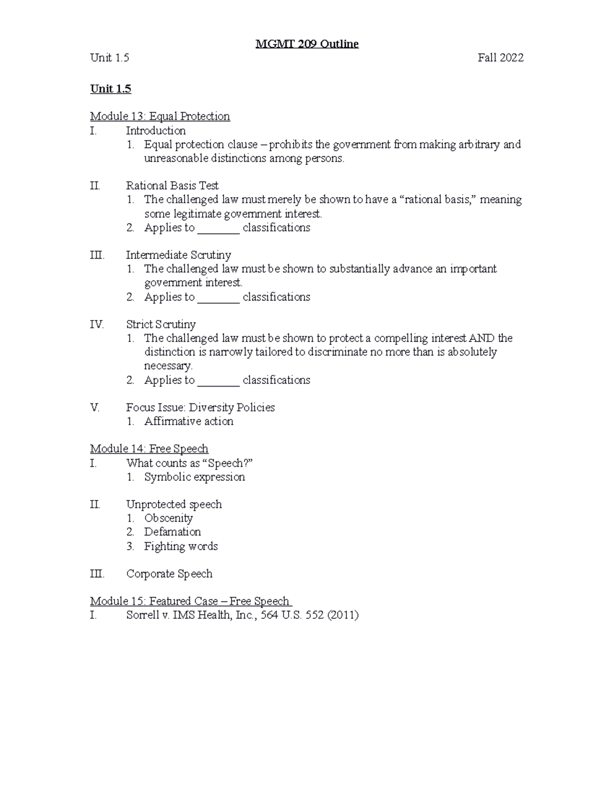 Unit 1.5 Outline - class notes - MGMT 209 Outline Unit 1 Fall 2022 Unit ...