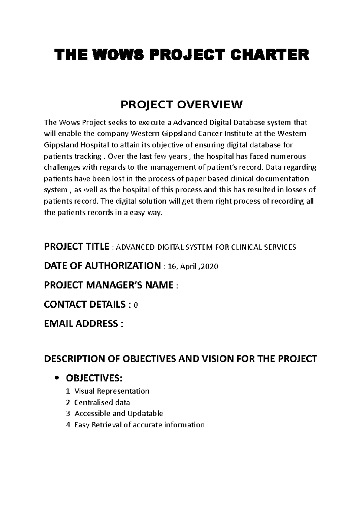 Project Charter - ALGIE SCRUM - THE WOWS PROJECT CHARTER PROJECT ...